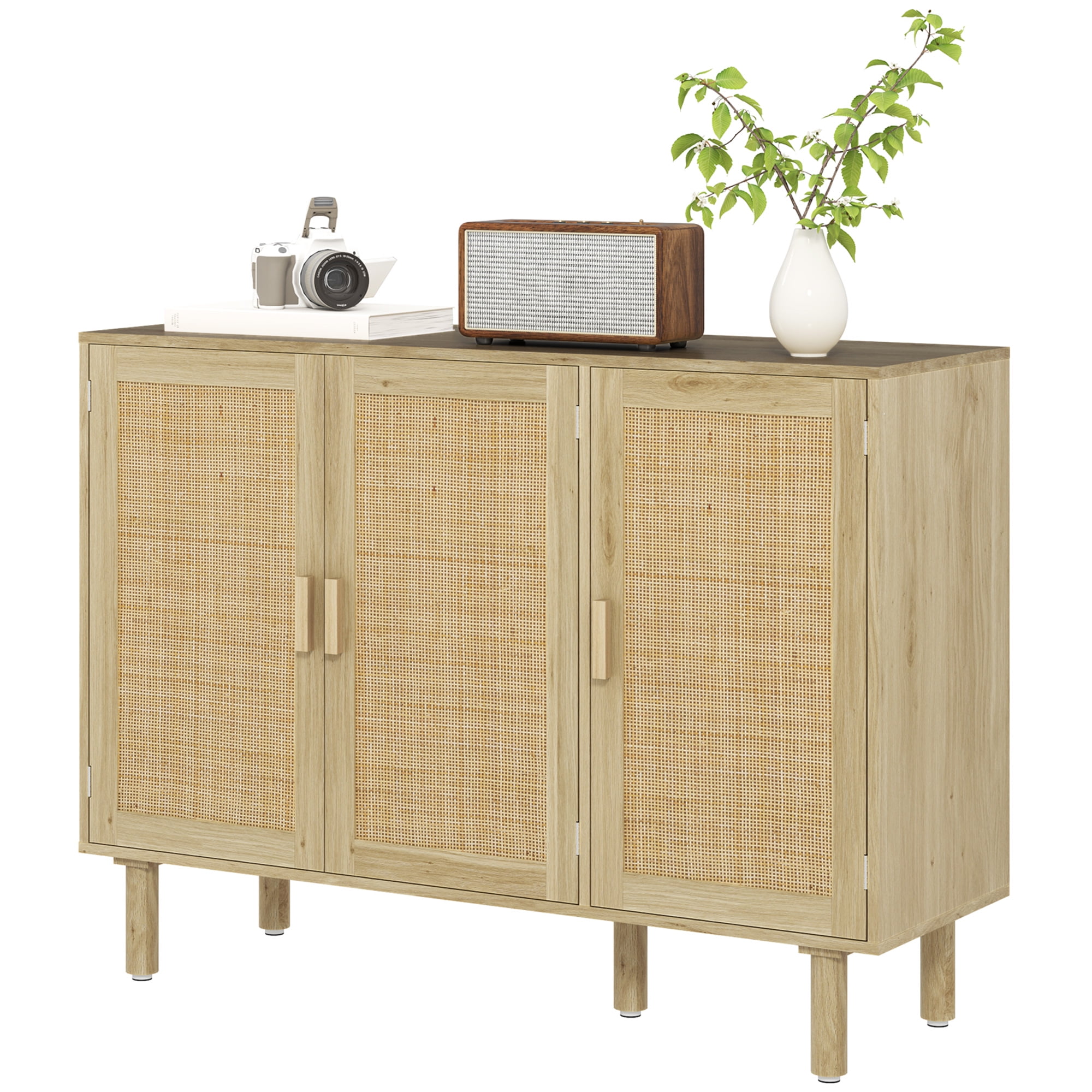 HOMCOM Bohemian Sideboard with 3 Rattan Doors and Shelves, Oak ...