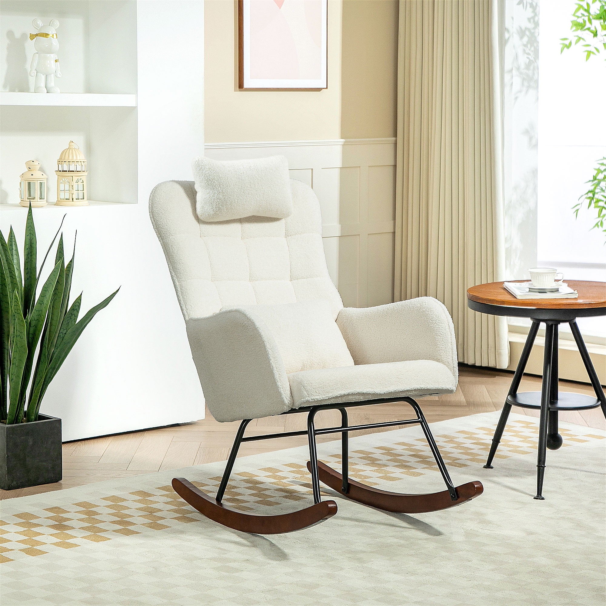 HOMCOM Upholstered Rocking Chair with Headrest and Lumbar Pillow, High ...