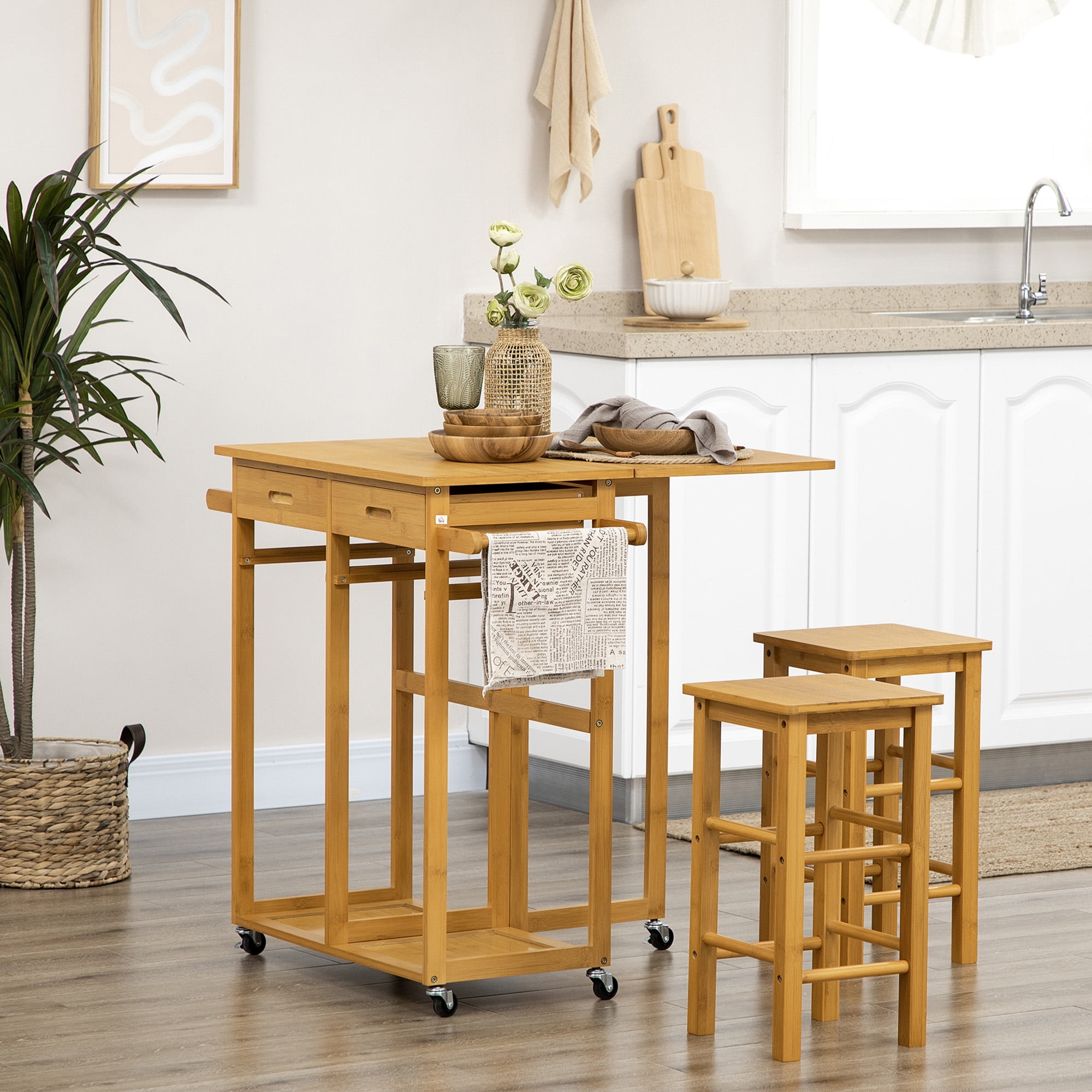 HOMCOM Small Rolling Kitchen Island with Drop Leaf, Stools, Storage ...