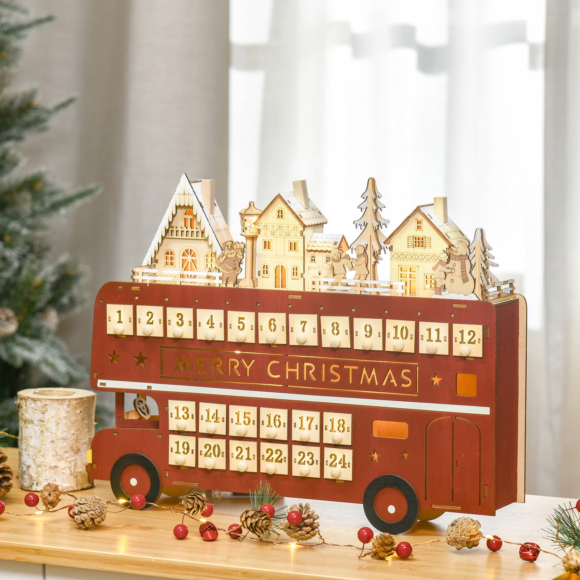 HOMCOM Christmas Advent Calendar, Light Up Table Xmas Wooden Bus ...