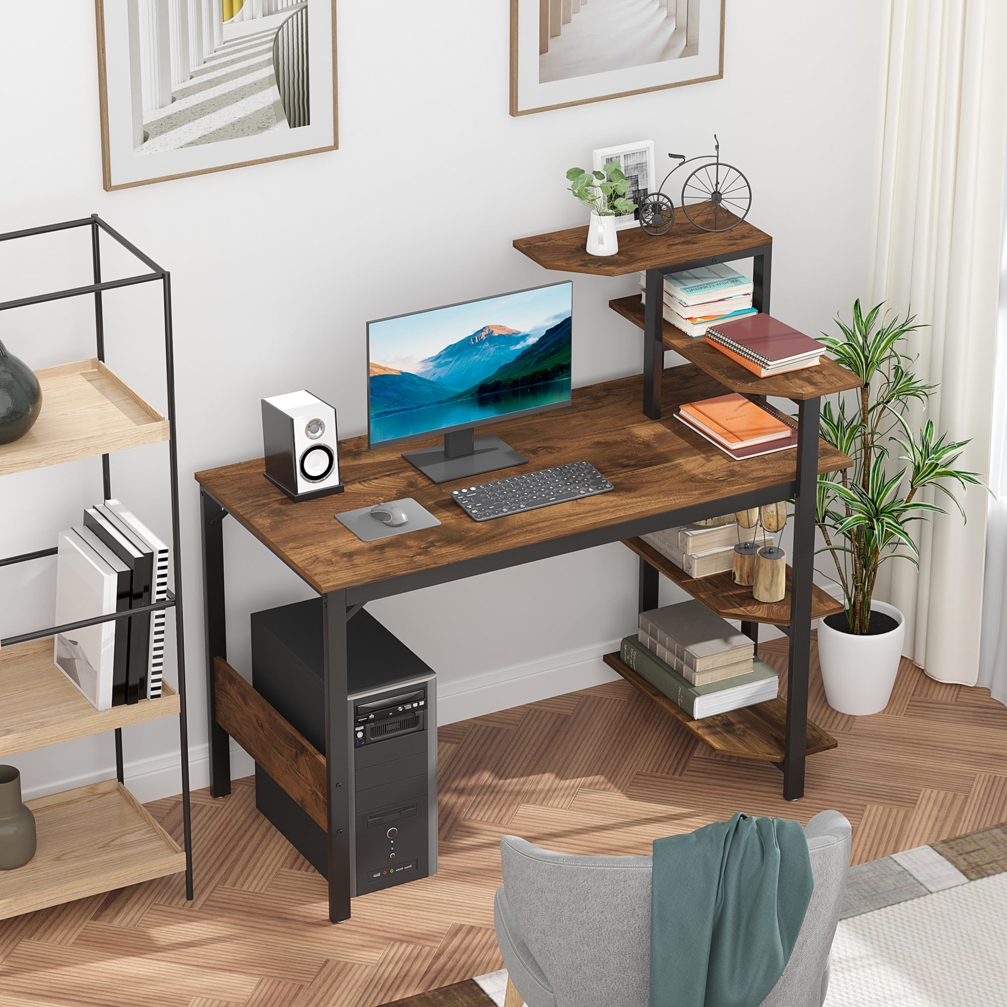 HOMCOM Compact Rustic Brown Computer Desk with 4-Tier Shelf, Home ...