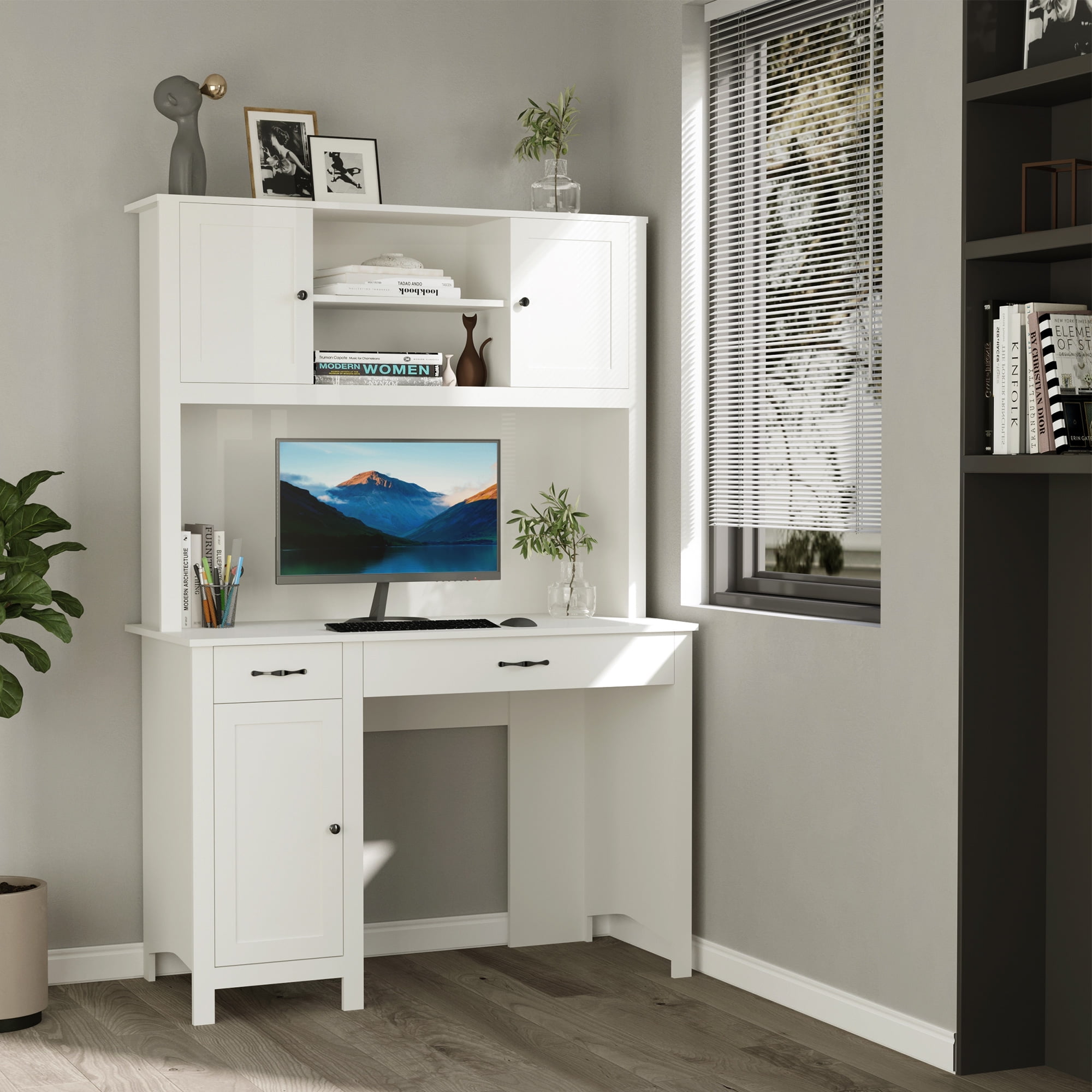 HOMCOM Computer Desk with Hutch, Home Office Workstation with Storage ...