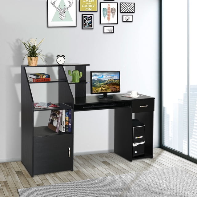 HOMCOM Computer Table with Keyboard, Shelves, Drawer Home Office Gaming ...