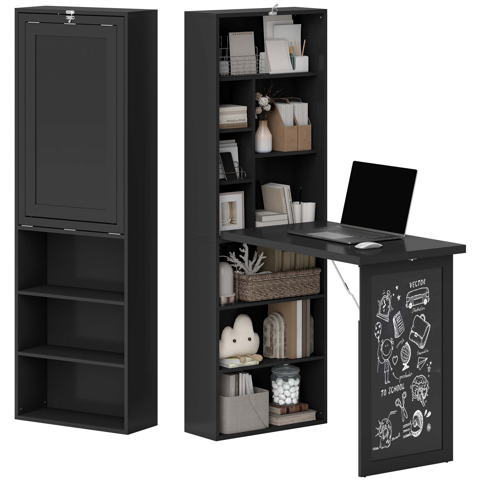 HOMCOM Convertible Desk with Blackboard & Shelf Multi-Function Table ...