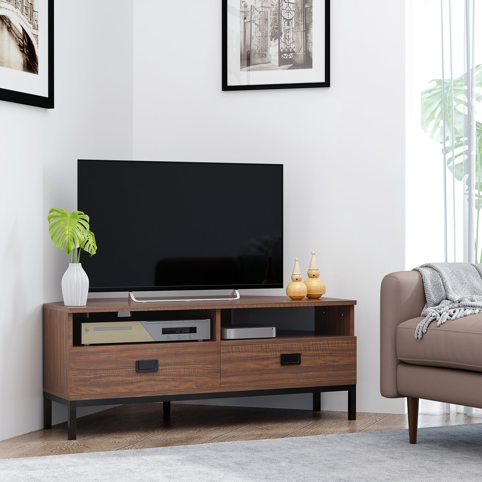 HOMCOM Corner TV Stand, Fits TV up to 46 Inches, Dark Walnut, Steel ...