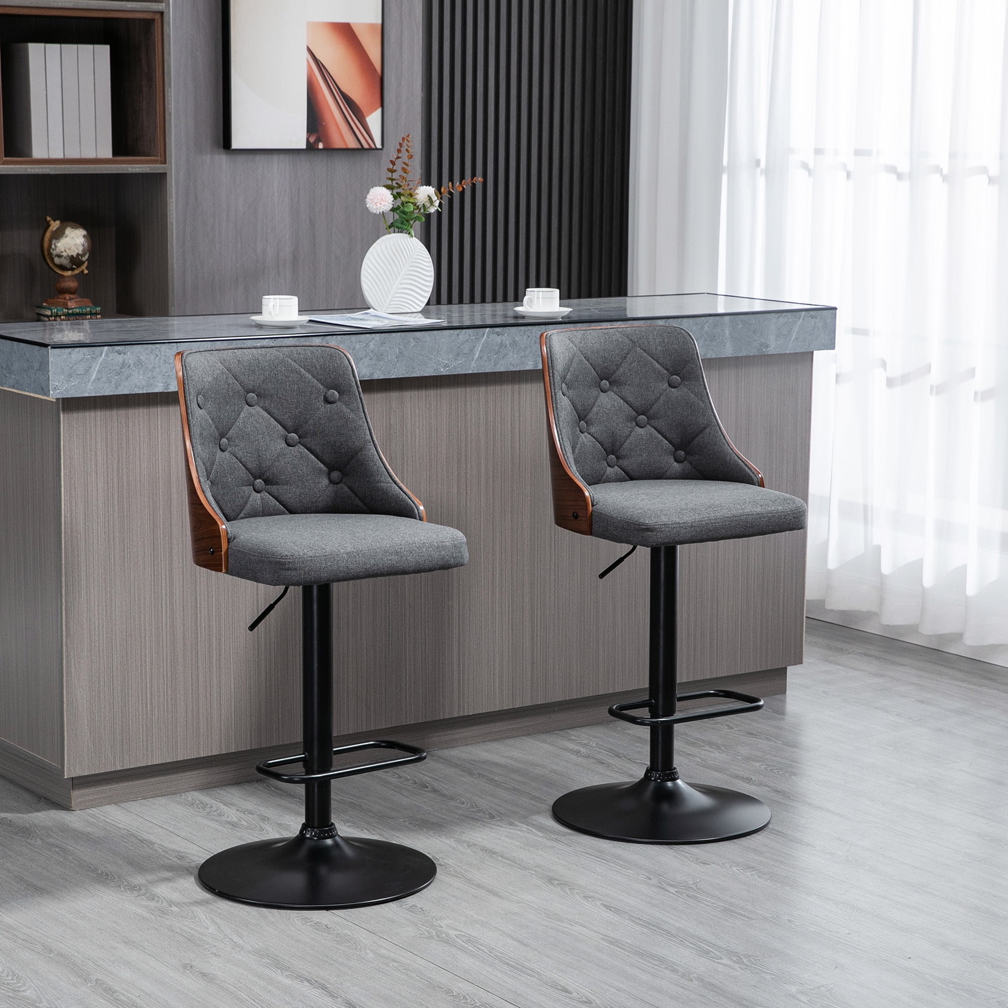 HOMCOM Set of 2 Counter Height Bar Stools, Adjustable Swivel, Tufted ...