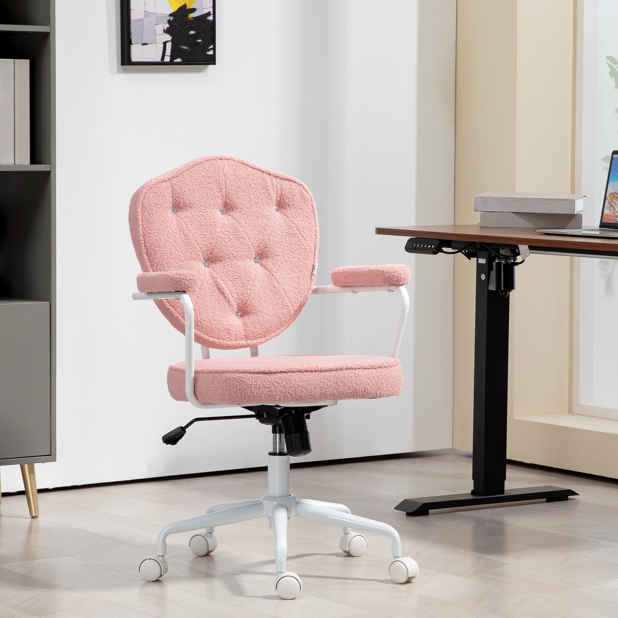 HOMCOM Cute Office Chair, Teddy Bear Fleece Computer Vanity Chair with ...