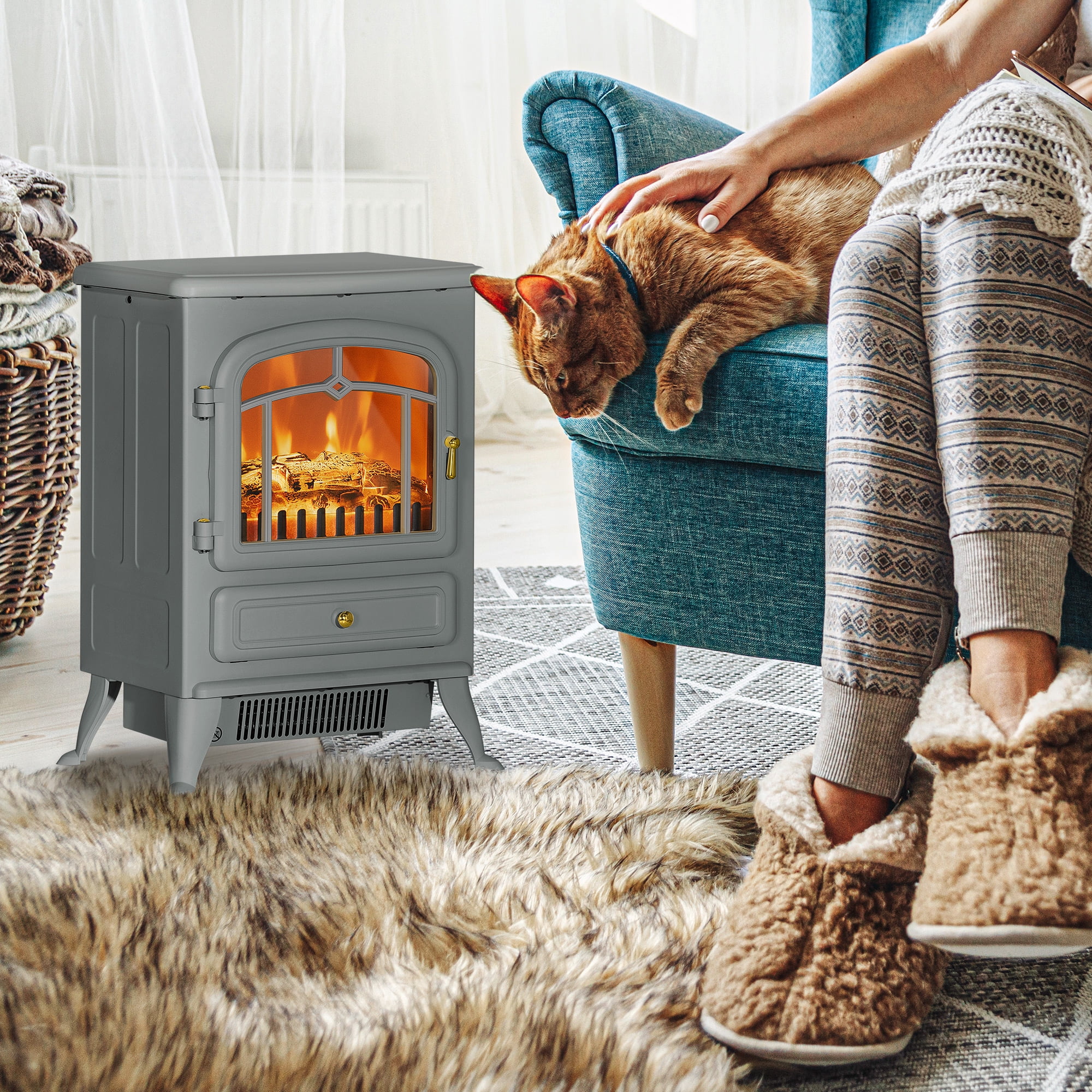 HOMCOM Electric Fireplace Heater, Fireplace Stove with Realistic LED ...