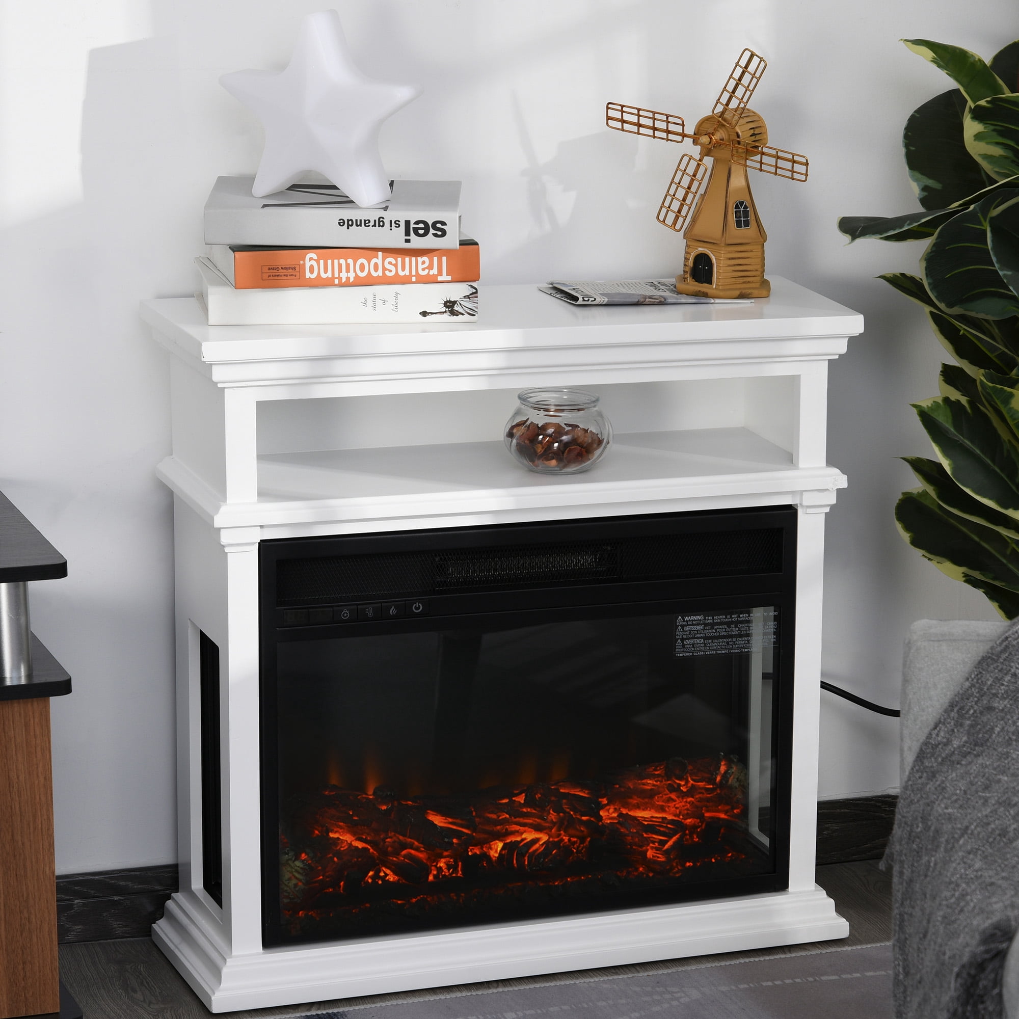 HOMCOM Electric Fireplace with Shelf, Storage Rack, Side Console Table ...