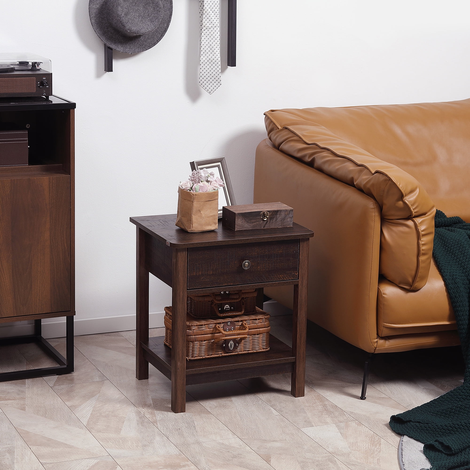 HOMCOM End Table with Drawer, Side Table with Bottom Shelf for Living ...