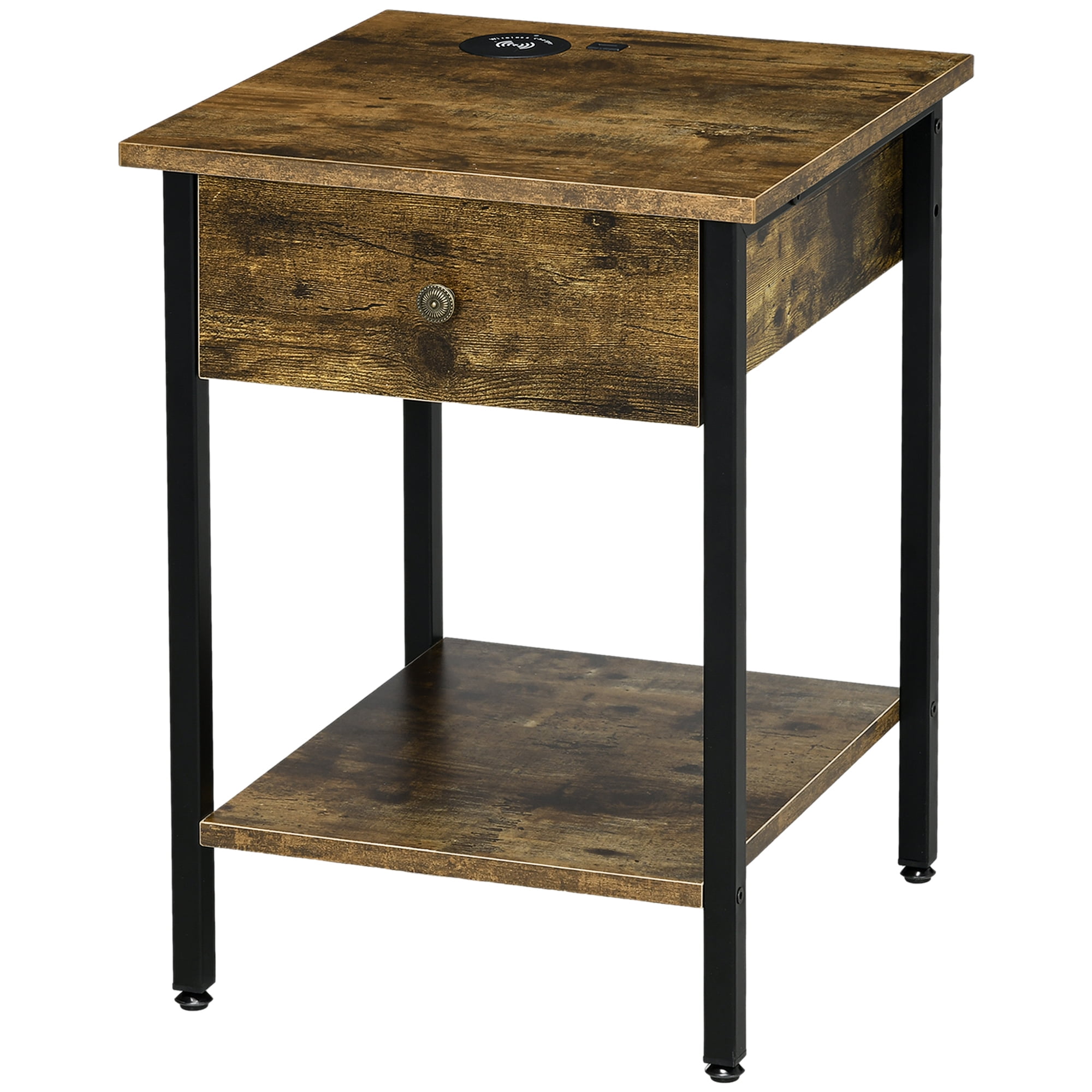 HOMCOM End Table, Wireless Charging Station, 2 USB Ports, Rustic Brown ...