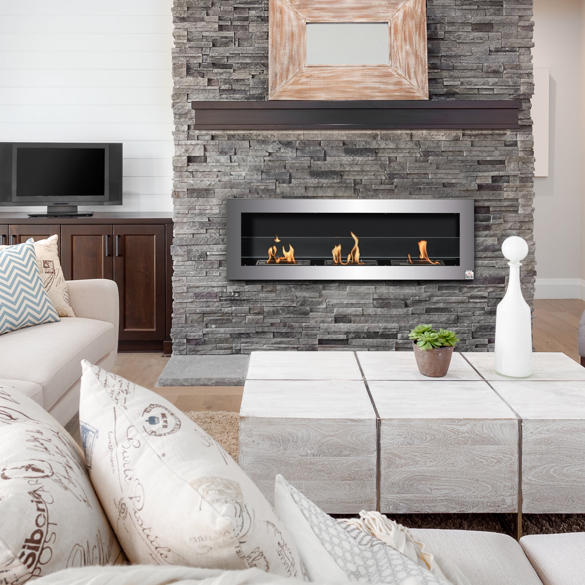 HOMCOM Ethanol Fireplace, 47.25" Wall-Mount 0.3 Gallon Steel 215 Sq Ft ...