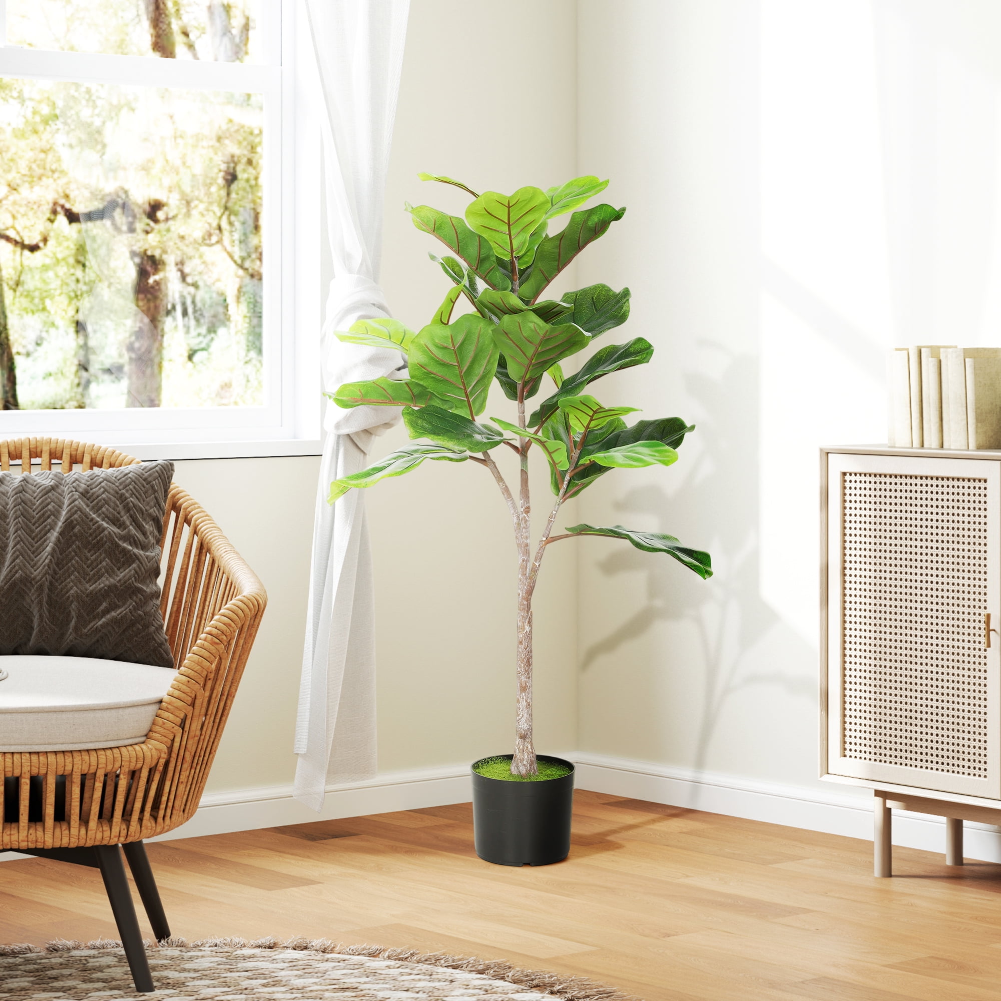 HOMCOM Fake Plant, Artificial Fiddle Leaf Fig Tree, Potted Plant with ...