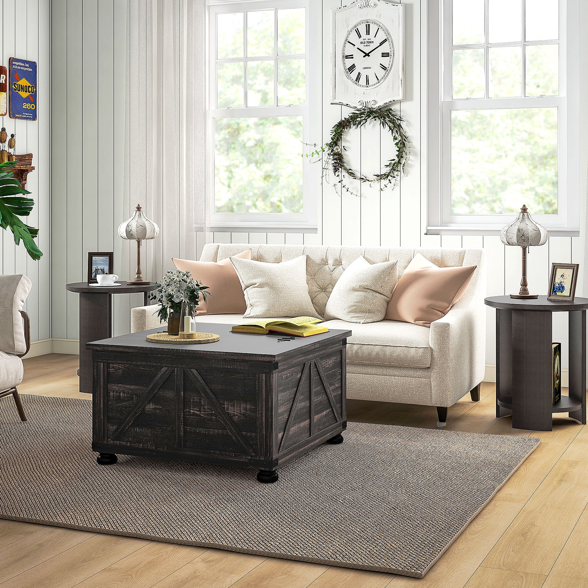 HOMCOM Farmhouse Coffee Table with Storage, Large Square Coffee Table ...