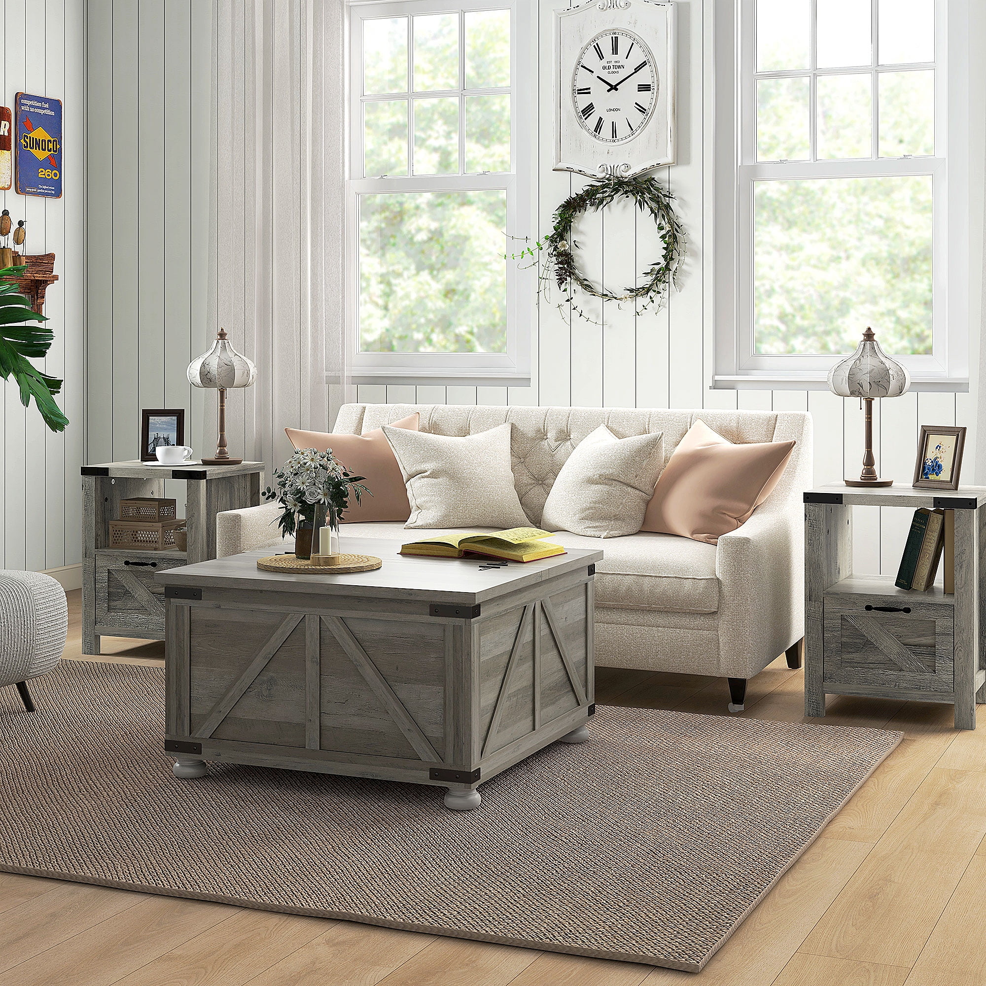 HOMCOM Farmhouse Coffee Table with Storage, Large Square Coffee Table ...