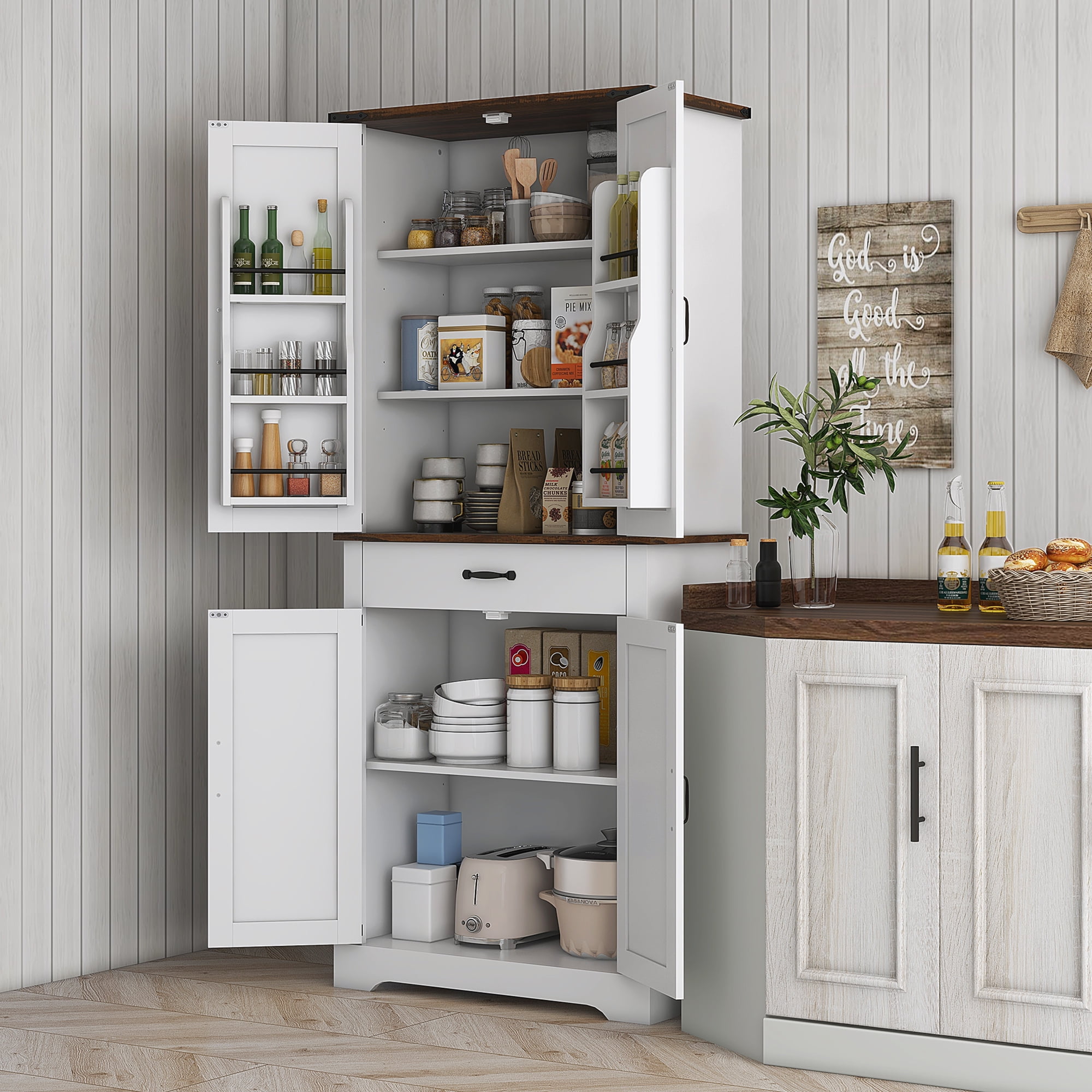 HOMCOM Farmhouse Kitchen Pantry Storage Cabinet w/ Doored Shelves ...