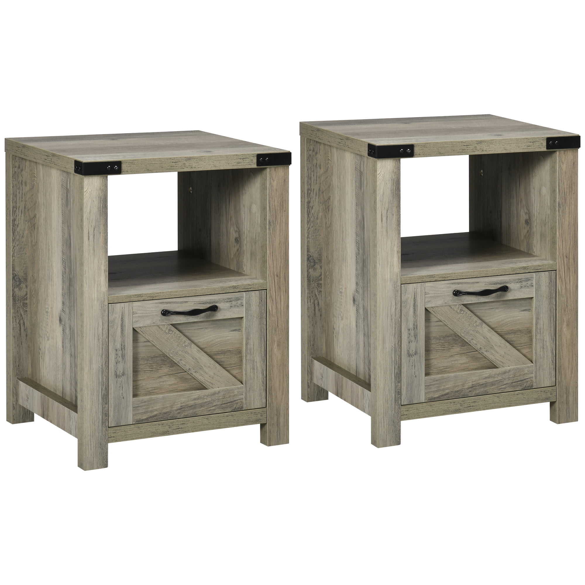 HOMCOM Farmhouse Side Table with Storage for Living Room Set of 2 Gray ...