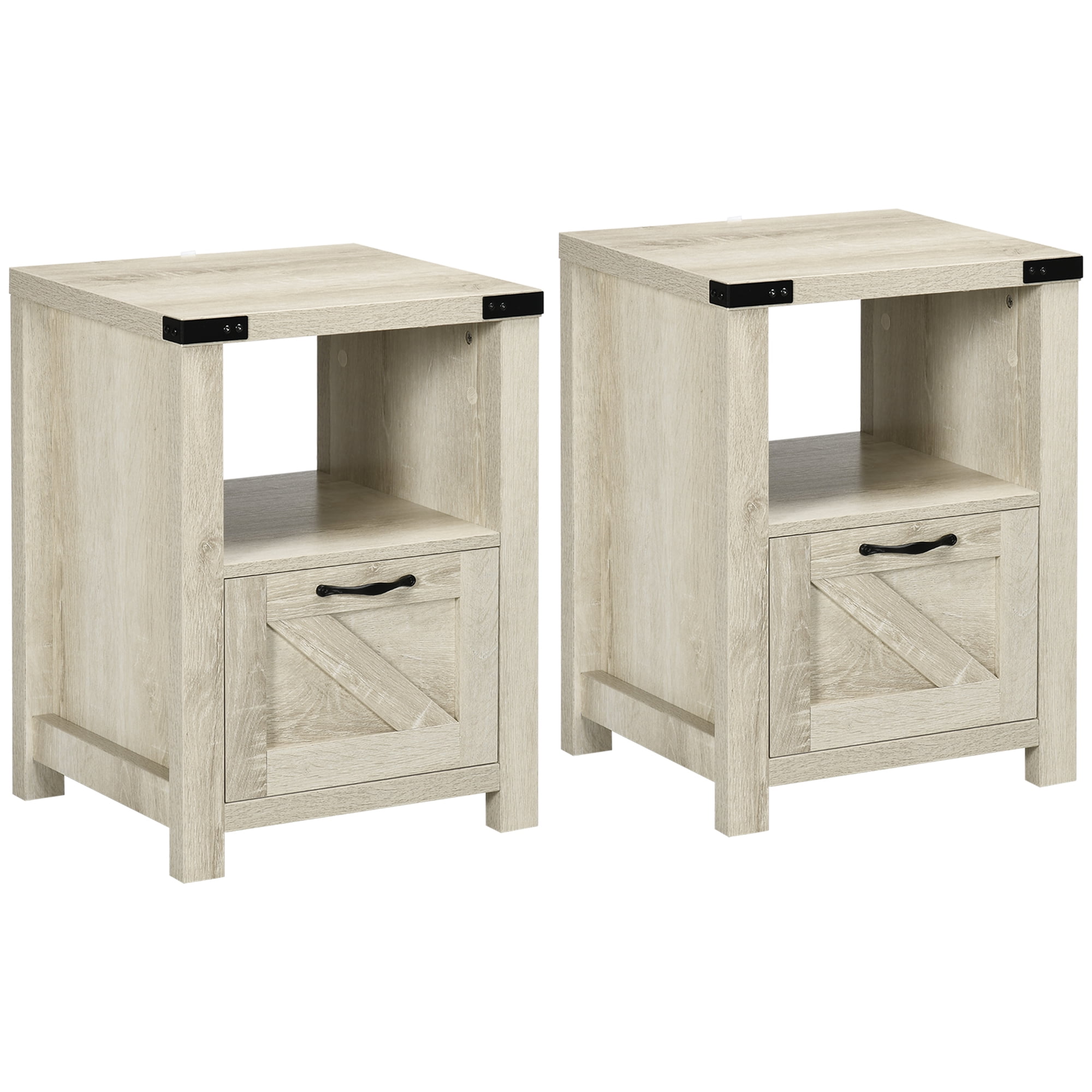 HOMCOM Farmhouse Side Table with Storage for Living Room Set of 2 Oak ...