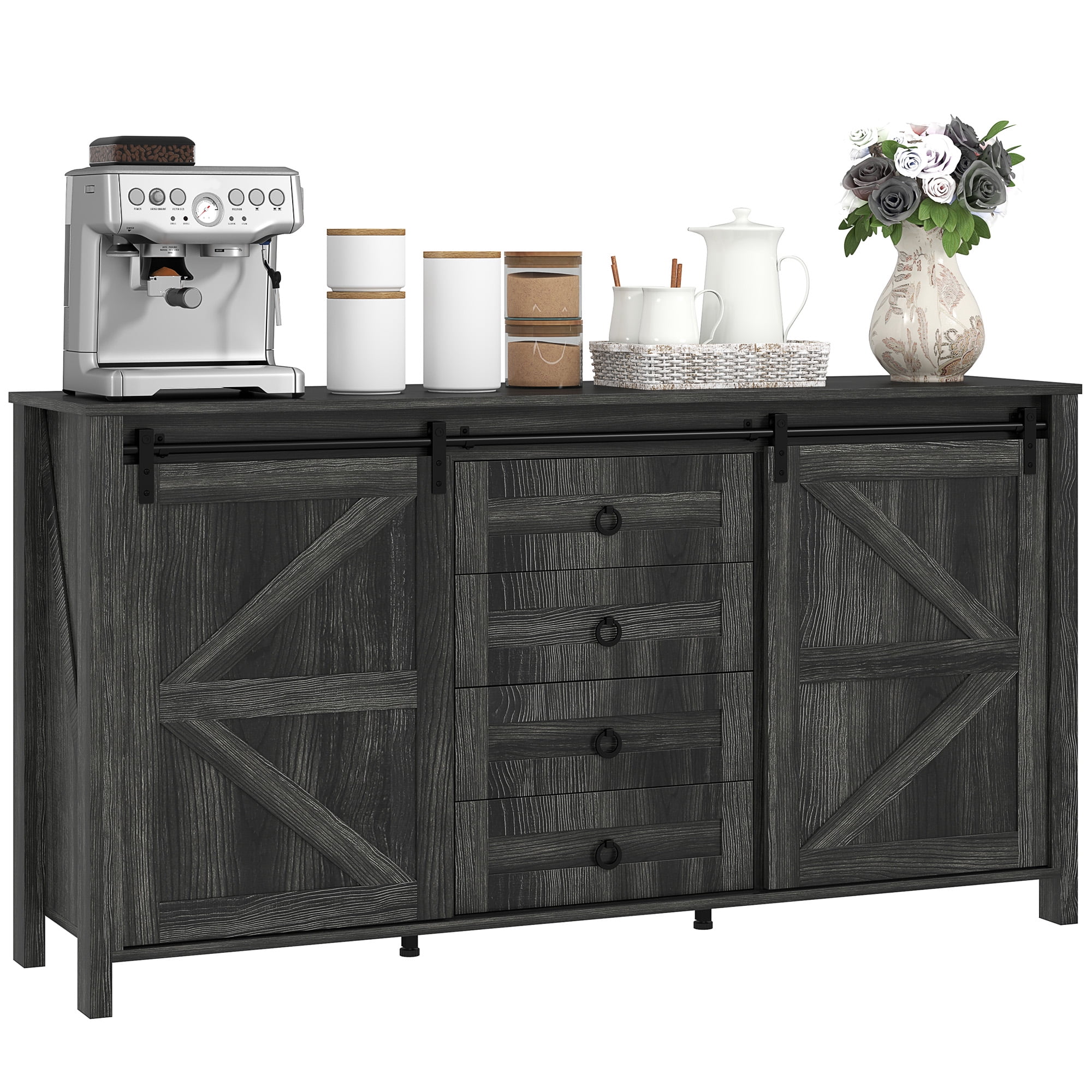 HOMCOM Farmhouse Sideboard Buffet Cabinet with Doors Distressed Dark ...