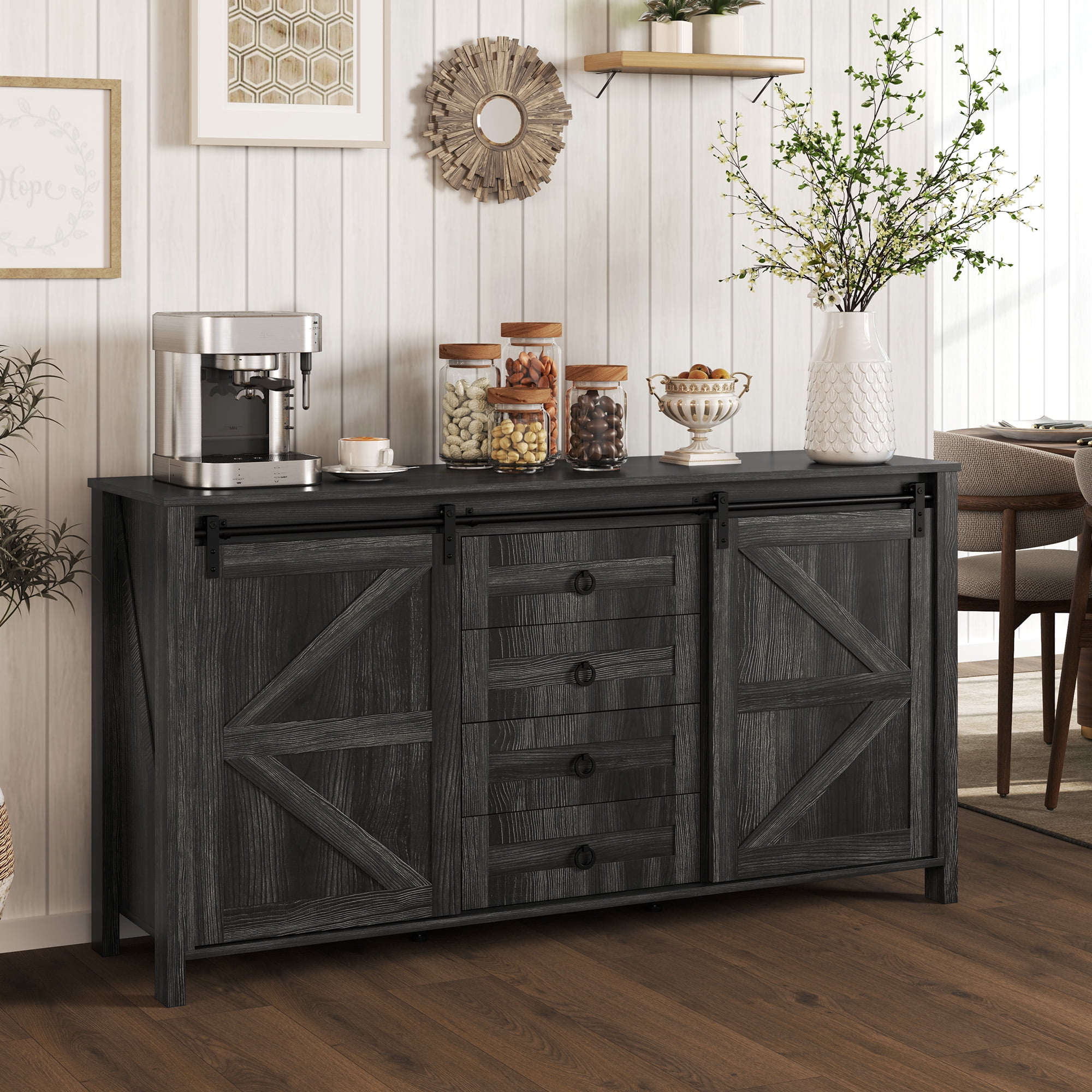 HOMCOM Farmhouse Sideboard Buffet Cabinet with Storage, 60" Kitchen ...