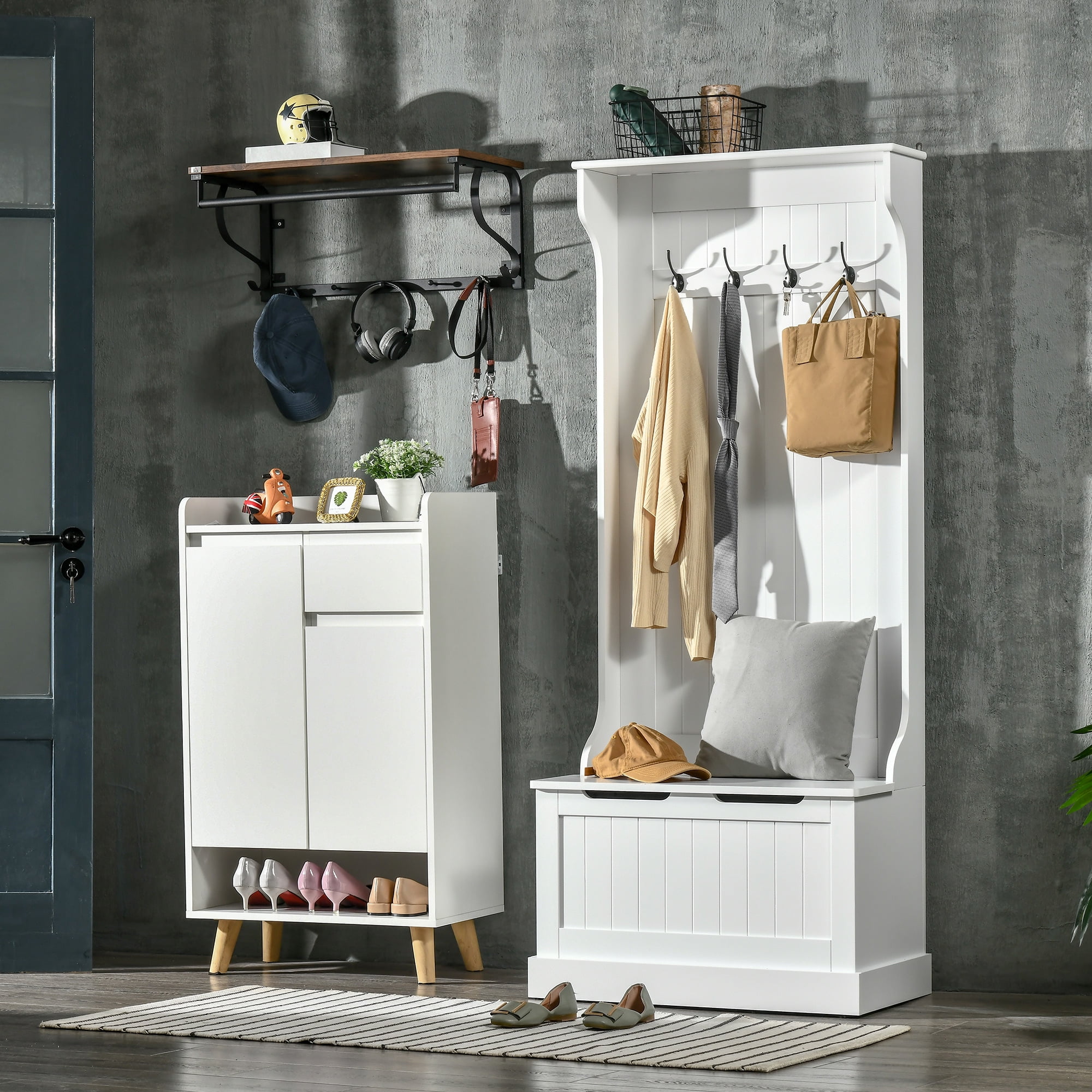 HOMCOM Wooden Entryway Furniture: Hall Tree with Coat Rack, Storage ...