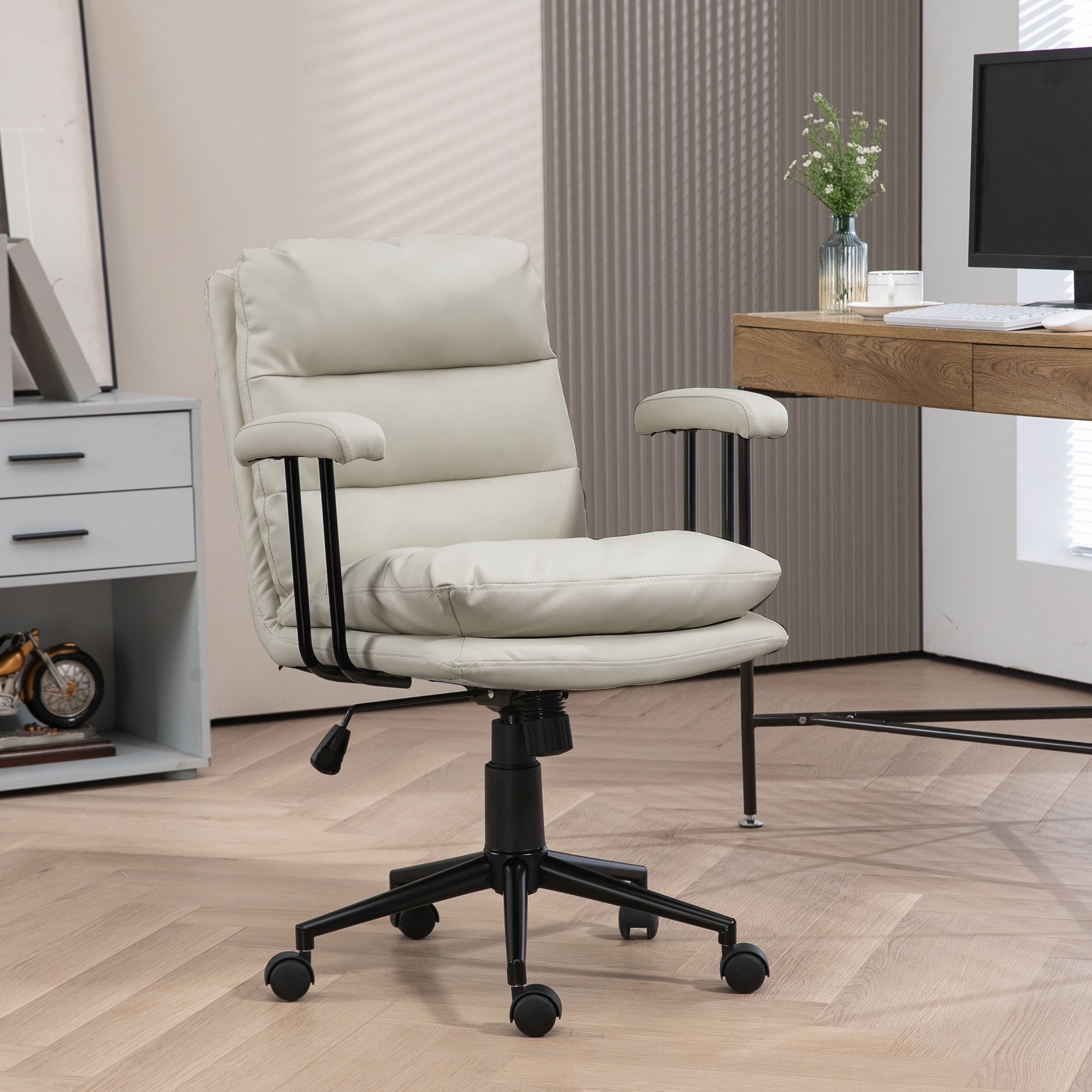 HOMCOM Home Office Chair with Adjustable Height, PU Leather, Light Gray ...