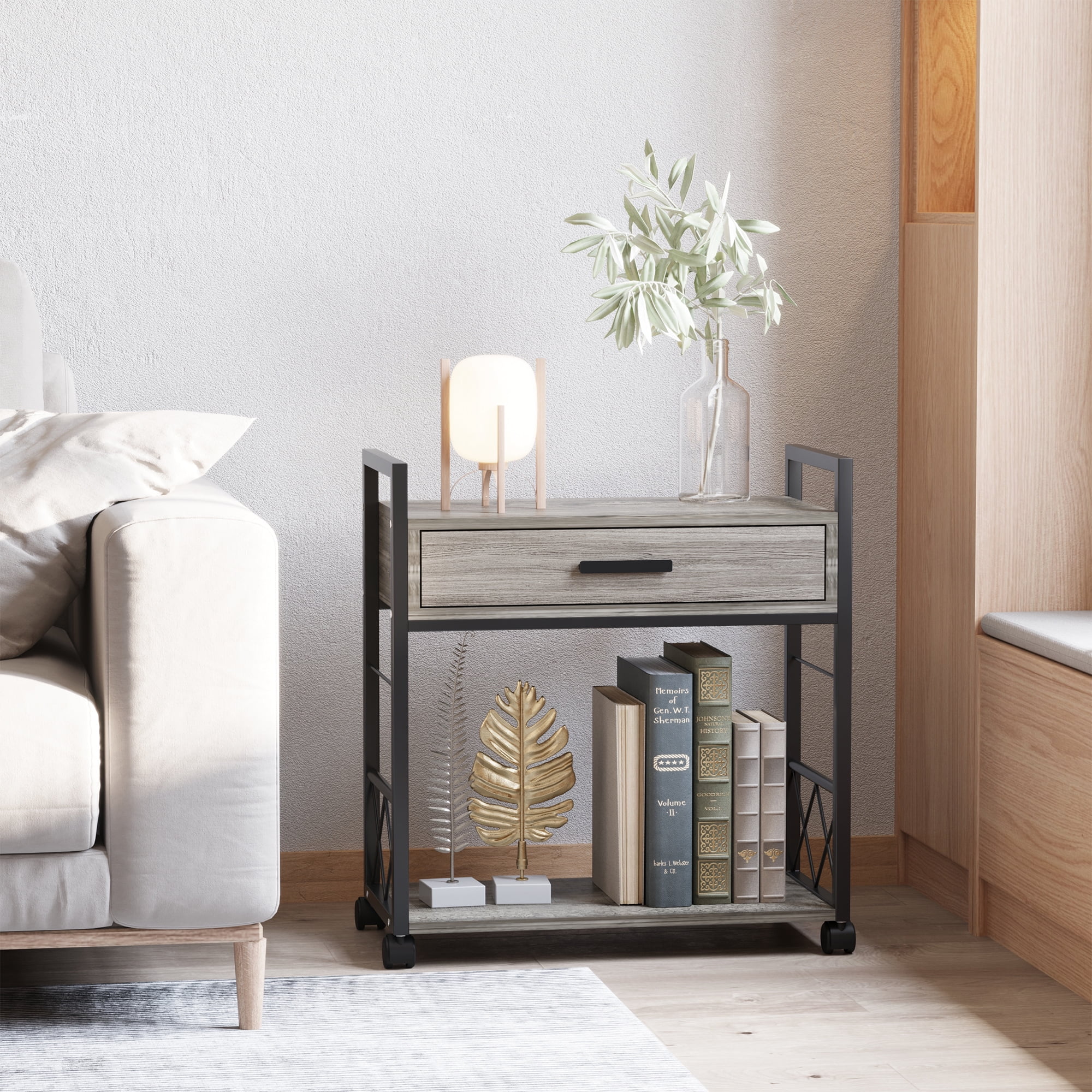 HOMCOM Industrial End Table with Drawer and Bottom Shelf, Mobile Side ...