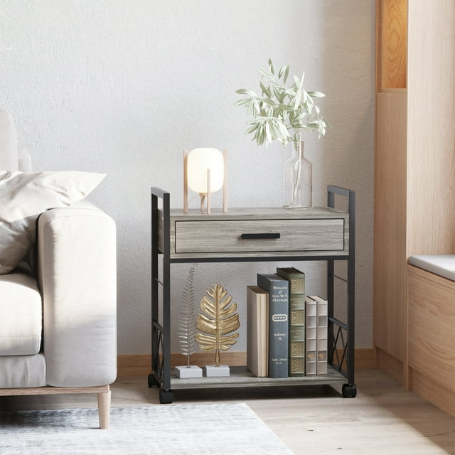 HOMCOM Industrial End Table with Drawer and Bottom Shelf, Mobile Side ...