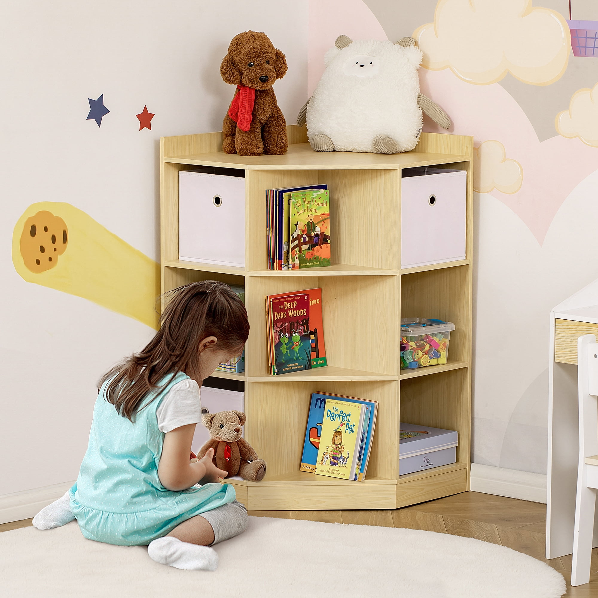 HOMCOM Kids Corner Toy Storage Shelf Bookcase w Fabric Bins in Grey Walmart