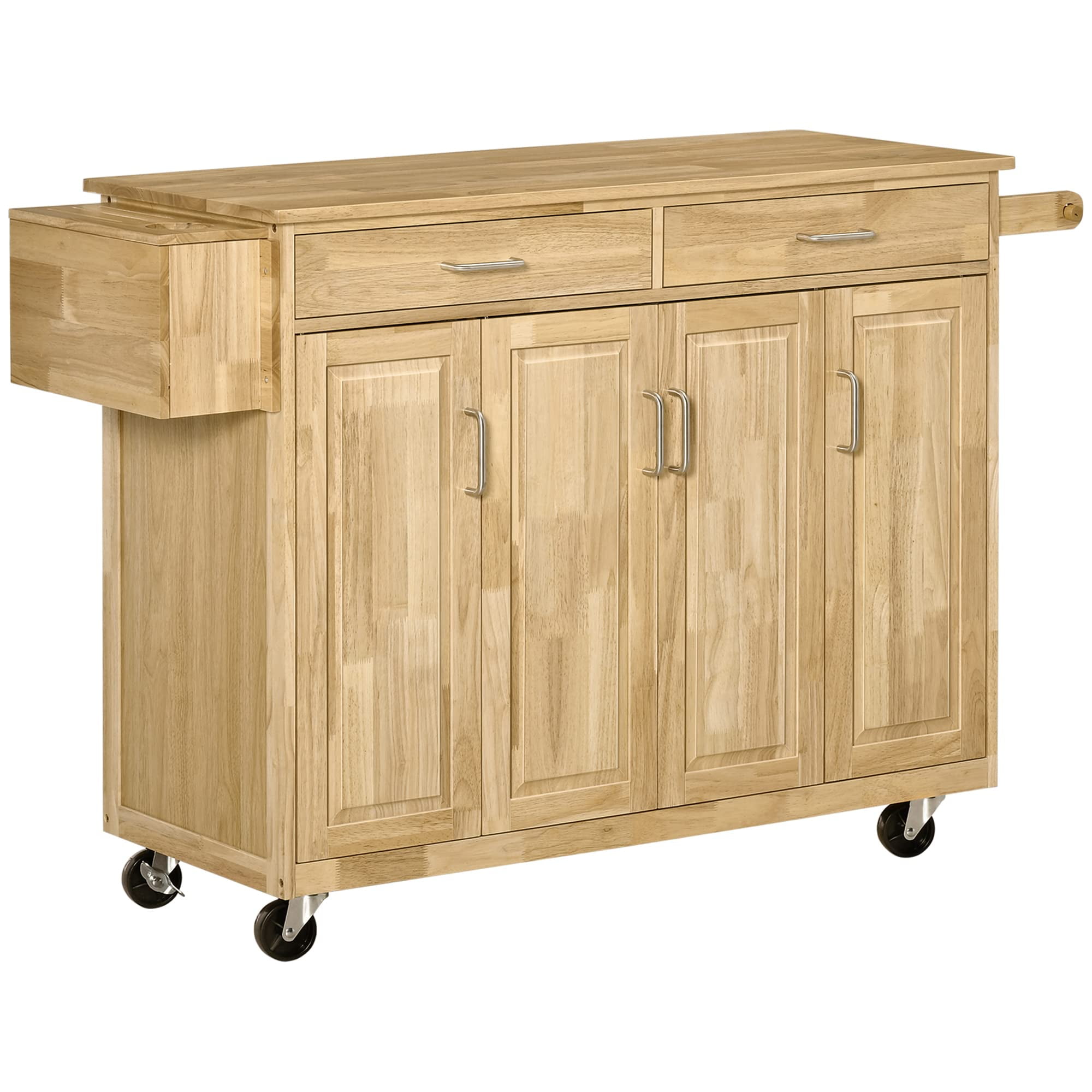 HOMCOM Kitchen Island on Wheels, Natural Hardwood Kitchen Cart with ...
