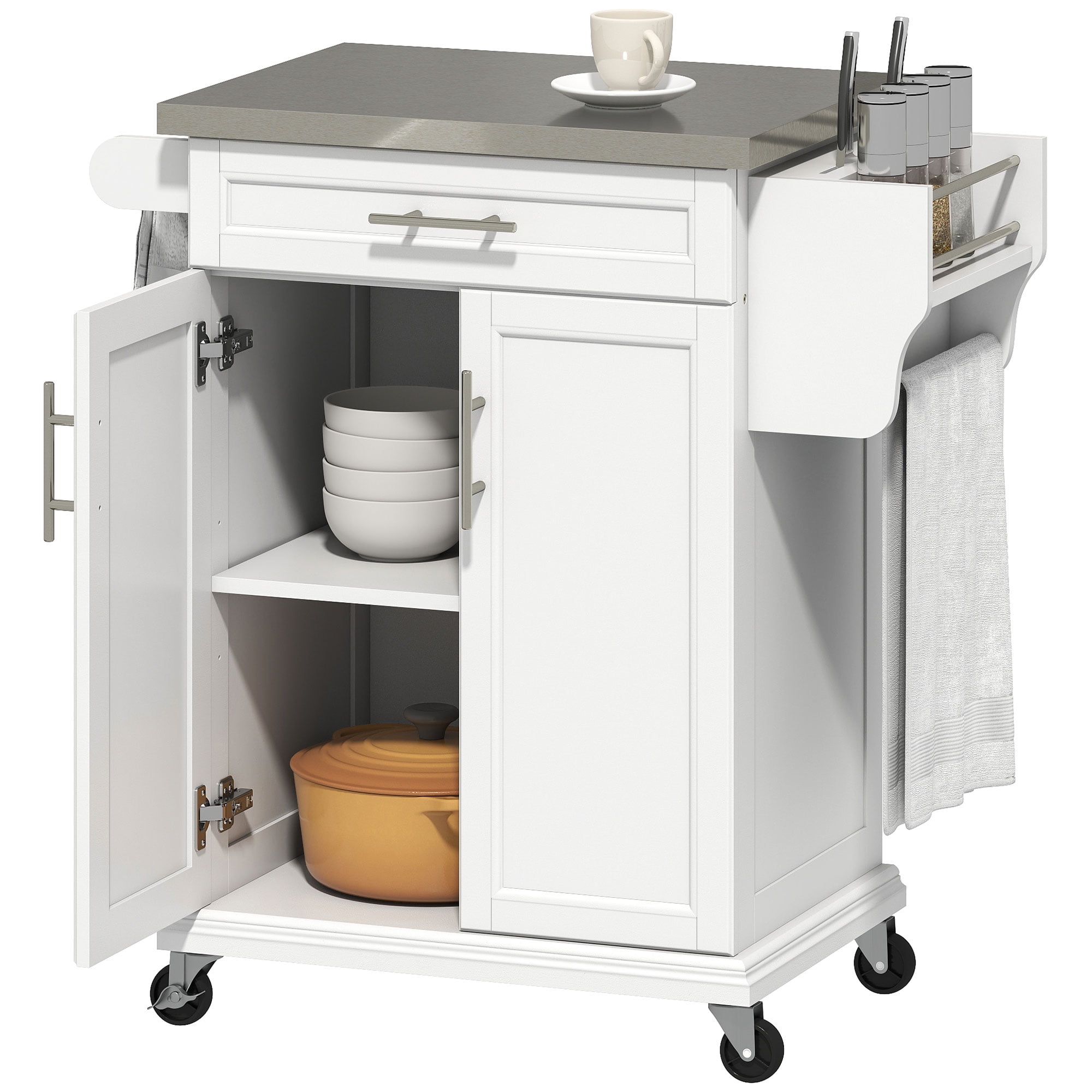 HOMCOM Kitchen Island on Wheels, Rolling Kitchen Cart with Stainless ...