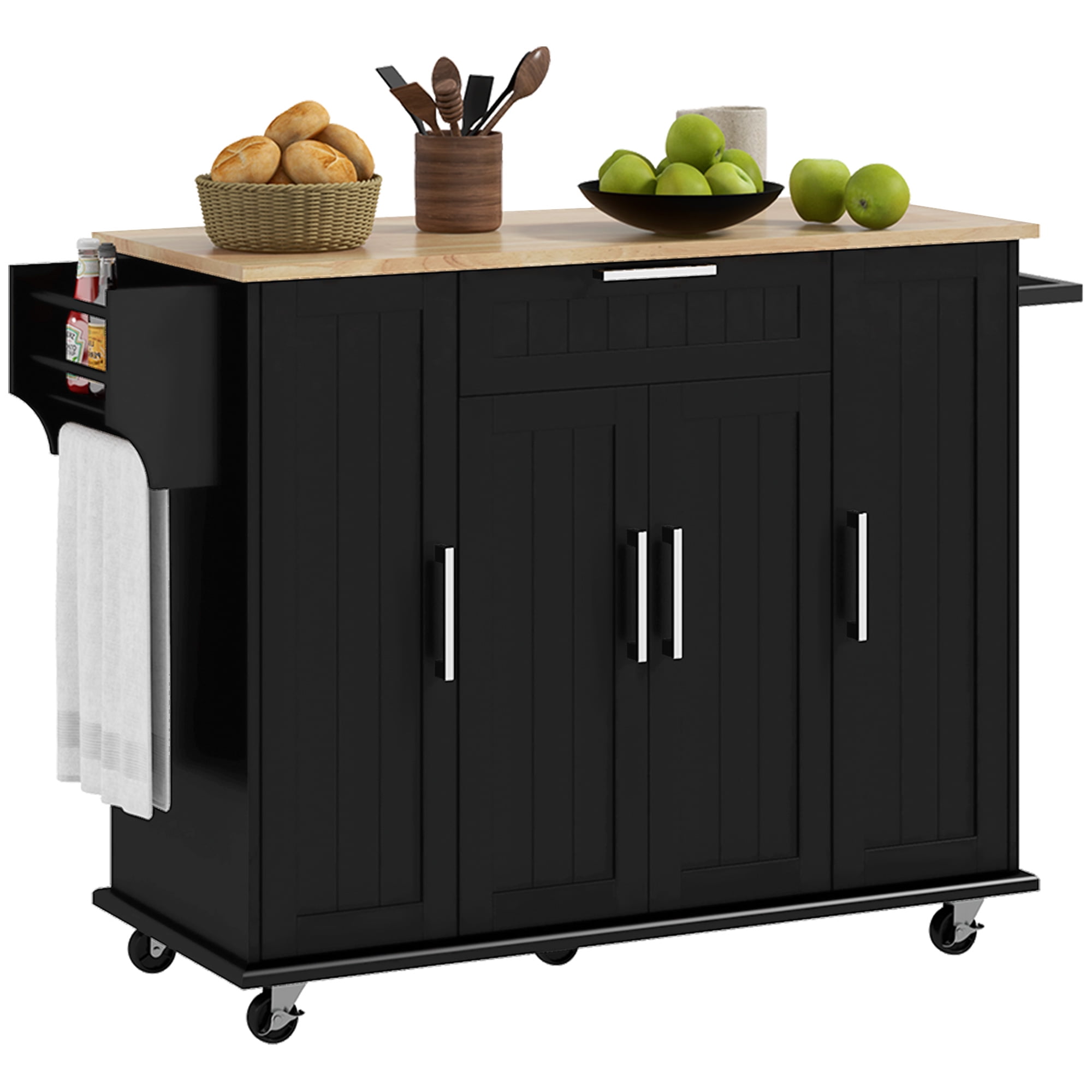 HOMCOM Kitchen Island on Wheels, Kitchen Cart with Solid Wood Top ...