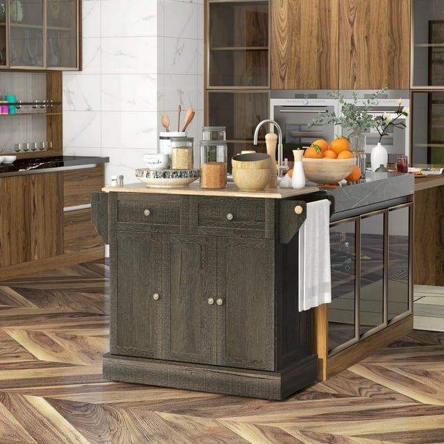 HOMCOM Mobile Kitchen Island with Storage Cabinets, Utility Cart with ...