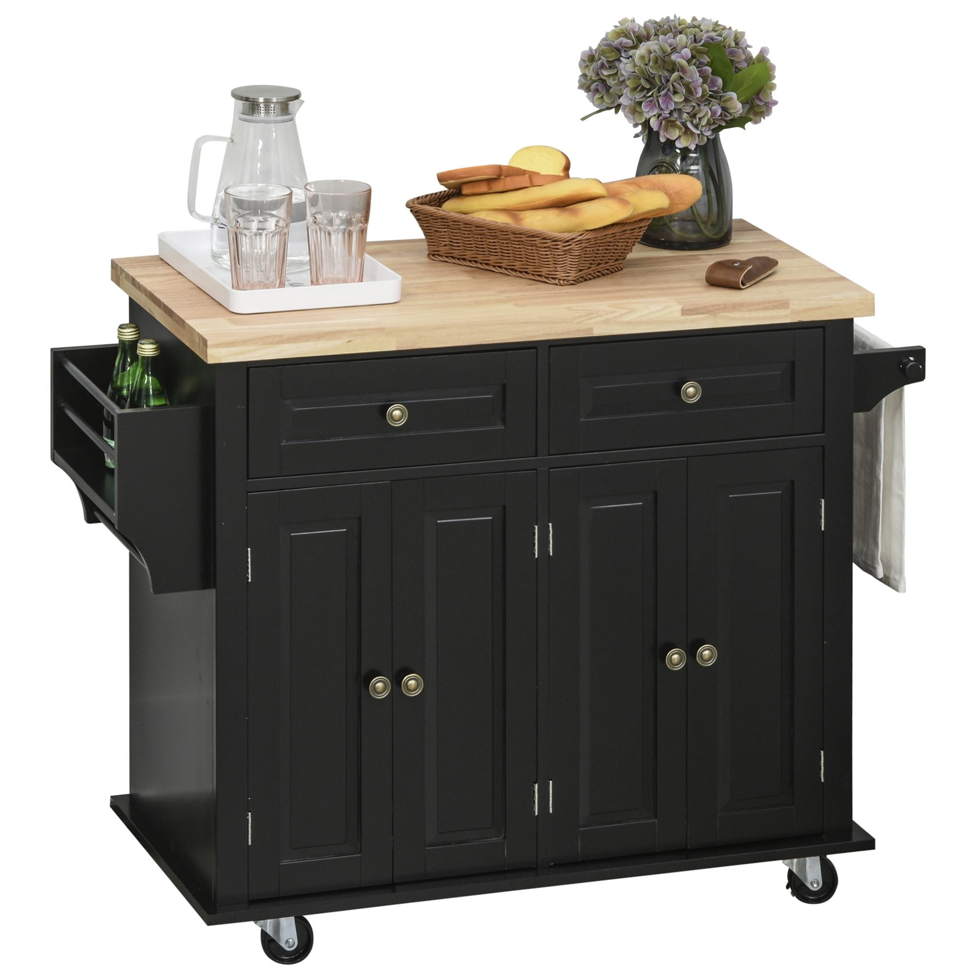 HOMCOM Kitchen Island on Wheels, Rolling Cart with Rubberwood Top ...
