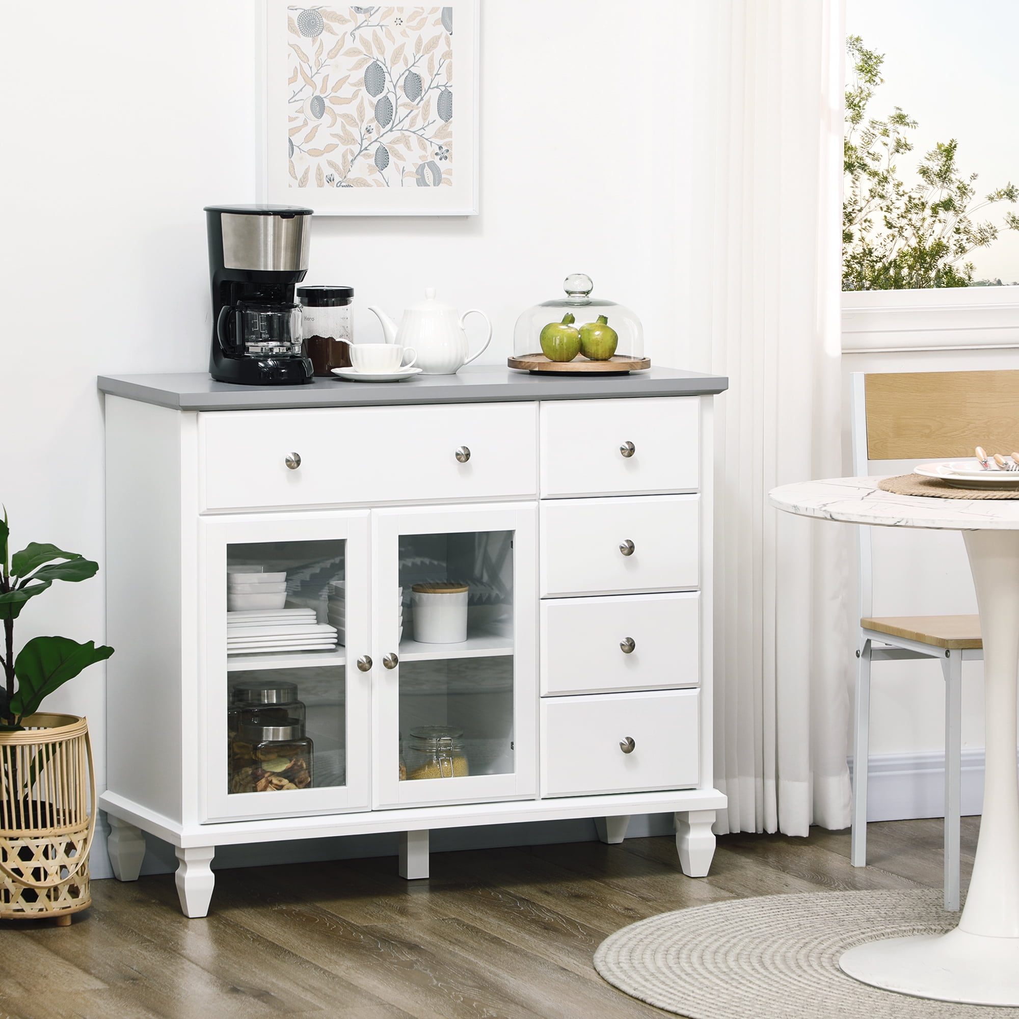 HOMCOM Dining Room Furniture: White Kitchen Sideboard Buffet Cabinet ...
