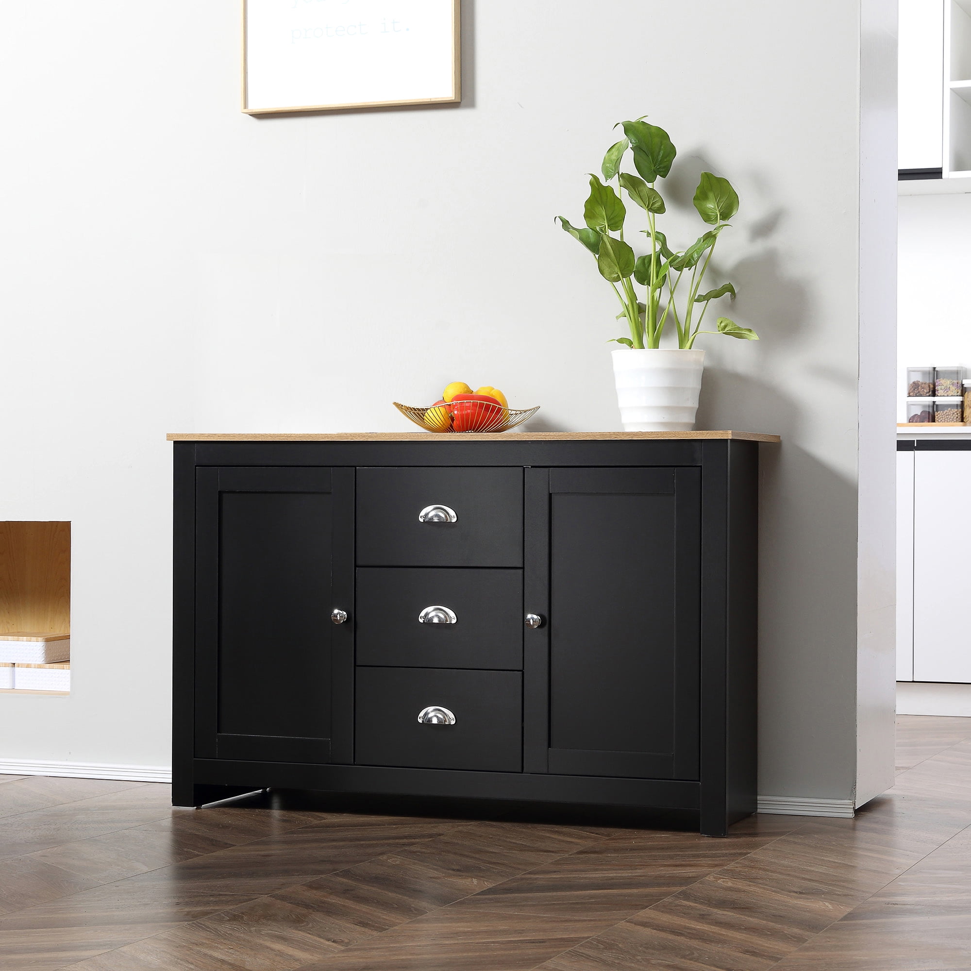 HOMCOM Kitchen Sideboard with Adjustable Shelves, Buffet Cabinet with 3 ...