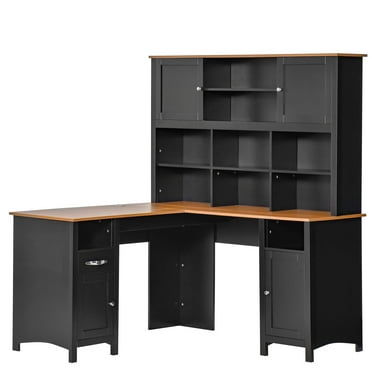 HOMCOM L-Shaped Home Office Computer Desk with Open Storage Shelves ...