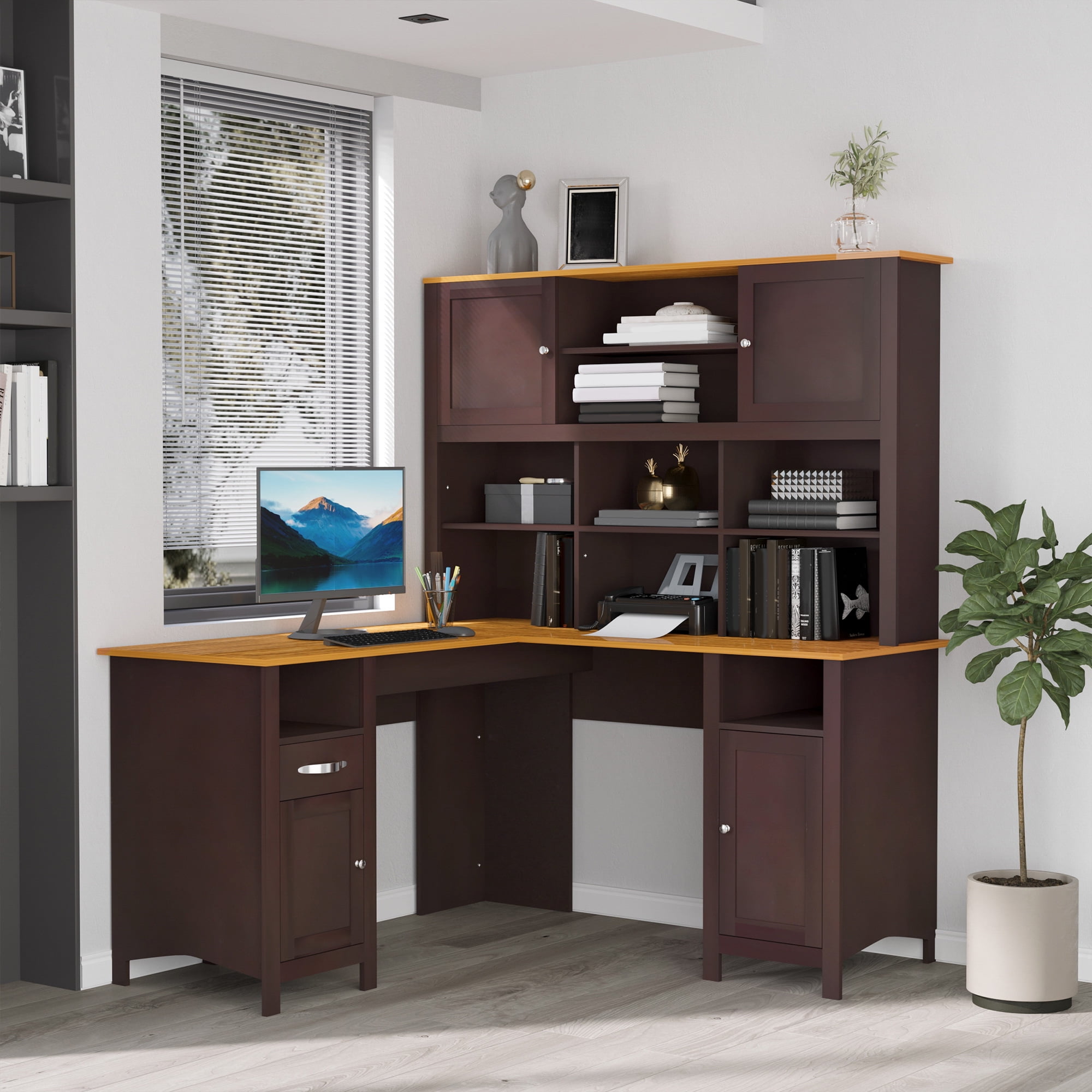 HOMCOM L Shaped Computer Desk with Hutch, 59" Corner Desk, Space Saving ...
