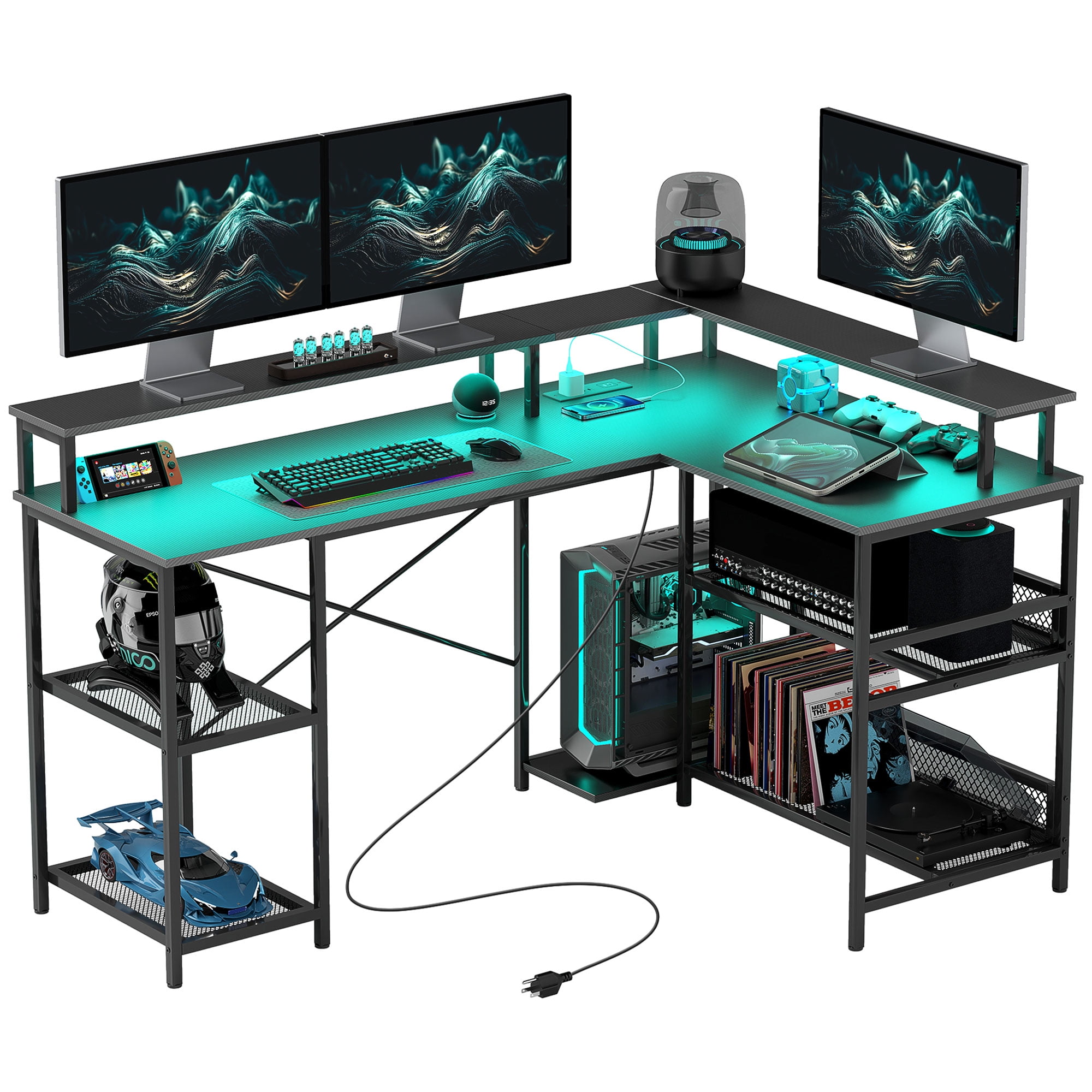 HOMCOM L Shaped Desk with LED Lights and Power Outlets Gaming Desk ...
