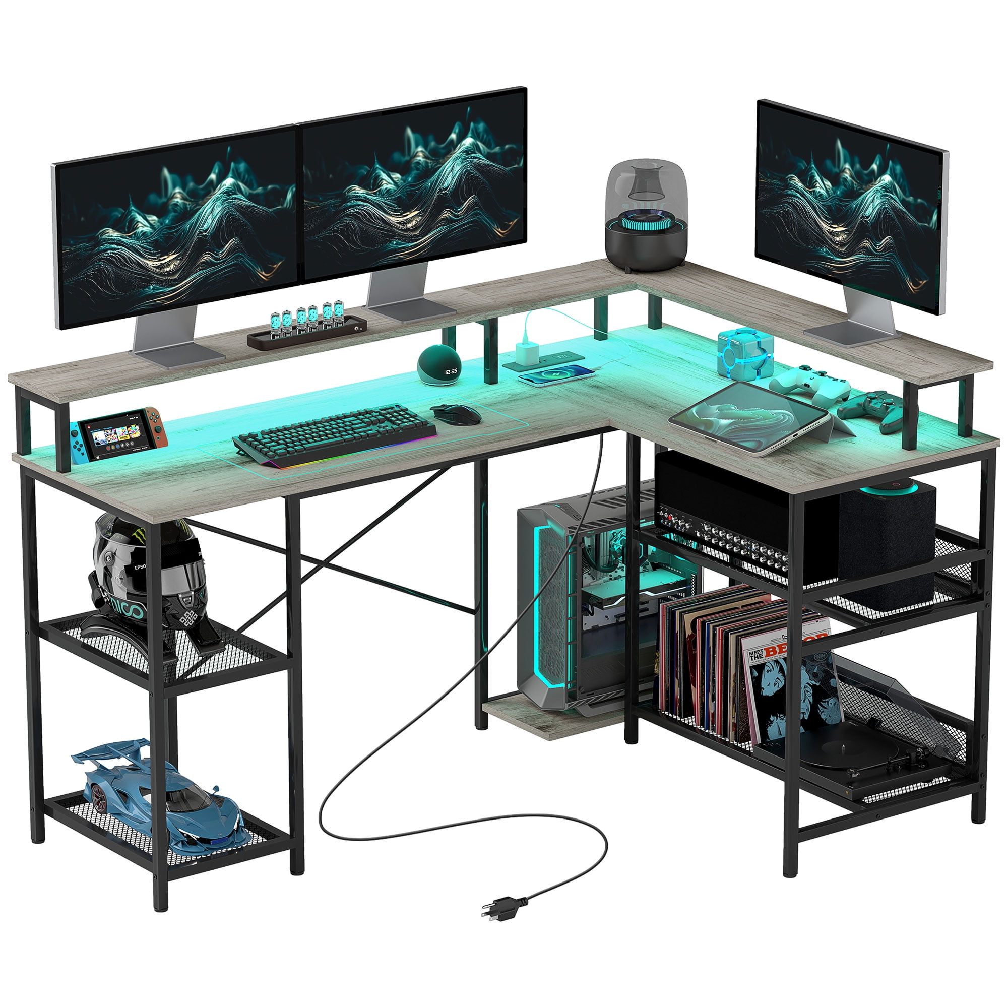 HOMCOM L Shaped Desk with LED Lights and Power Outlets Gaming Desk Gray ...