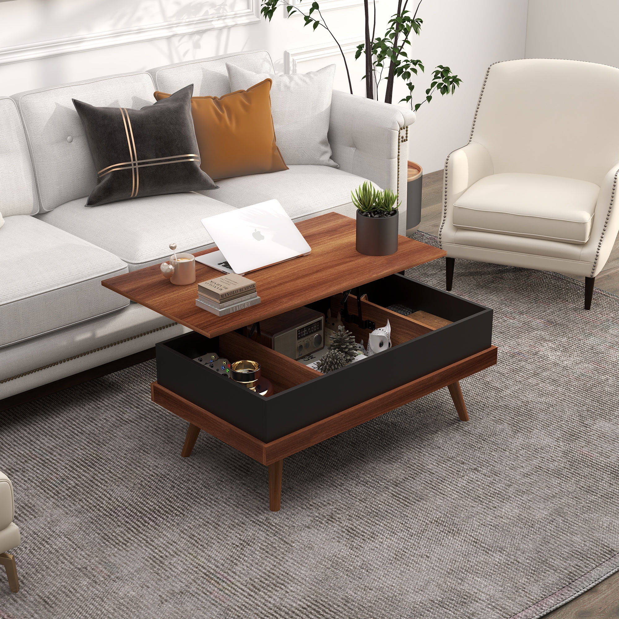HOMCOM Lift Top Coffee Table with Hidden Compartments and Wood Legs ...