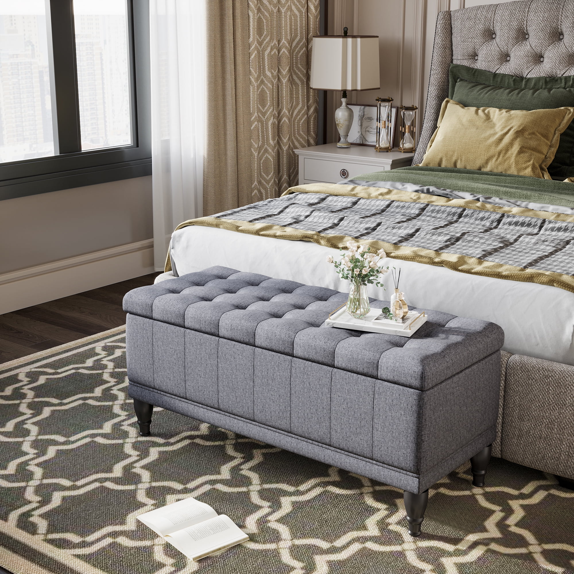 HOMCOM Lift Top Fabric Storage Shoe Bench, Tufted Ottoman Stool ...