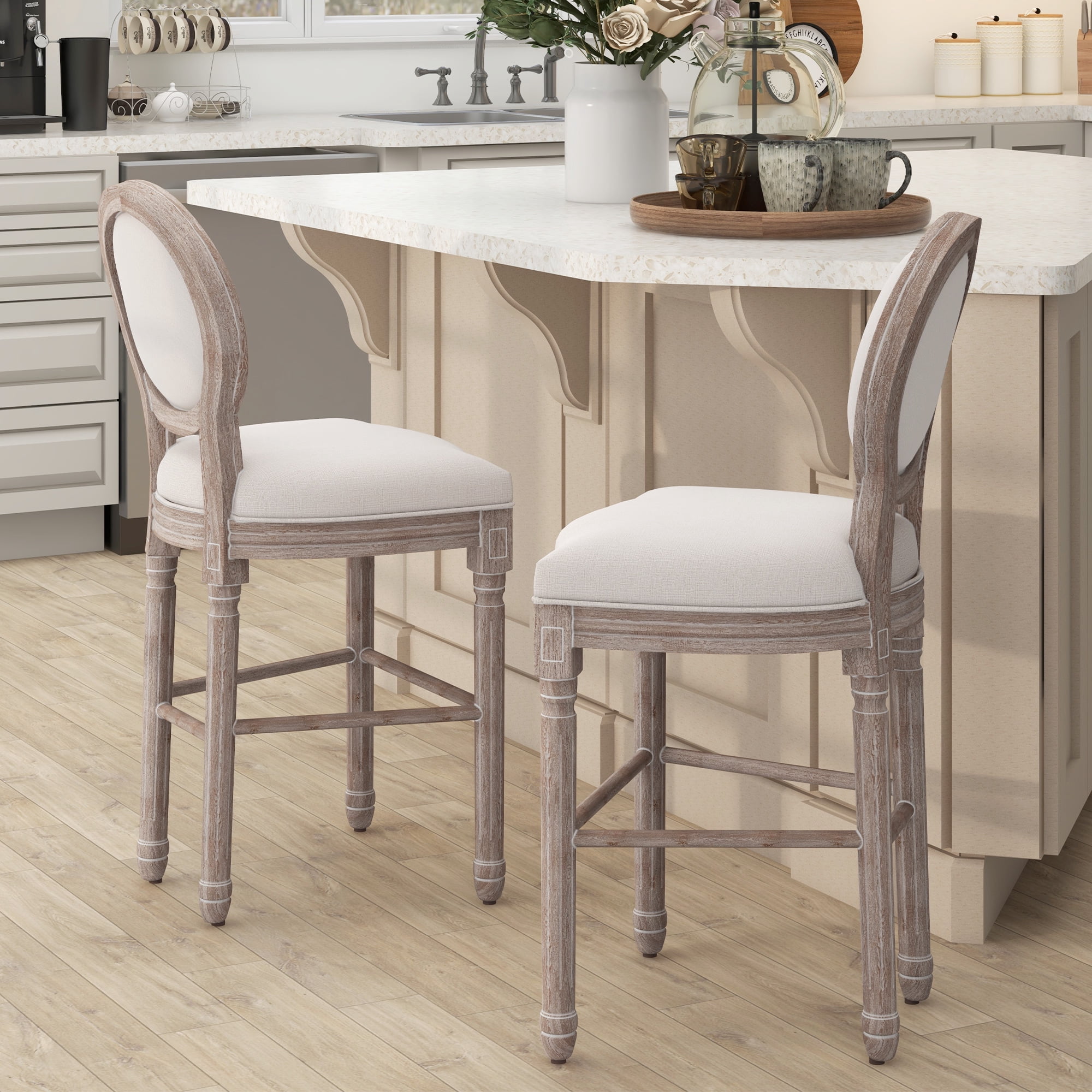 HOMCOM Linen Bar Stools Set of 2, French Country Barstools with ...