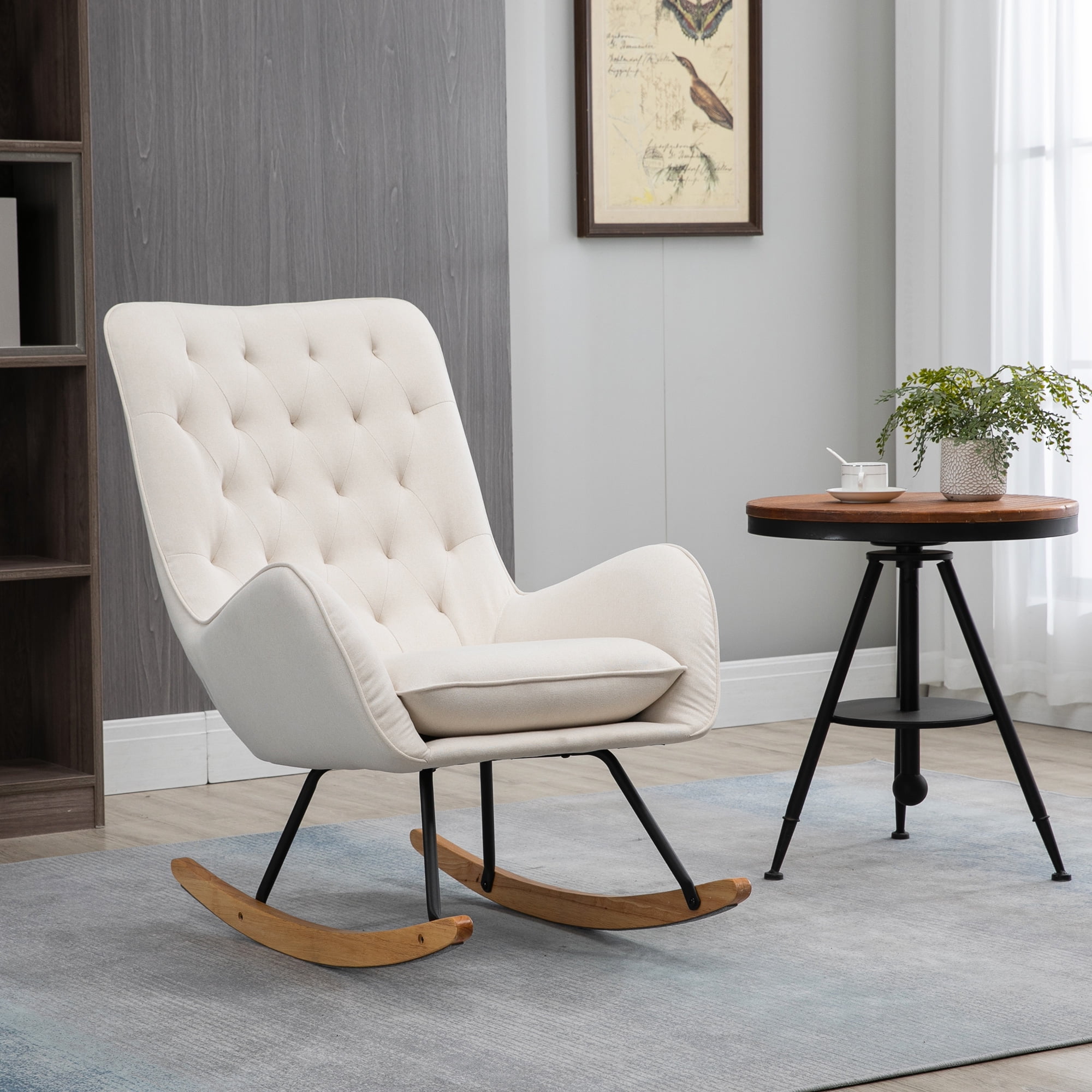 HOMCOM Mid-Century Fabric Rocking Chair Sofa Armchair Tufted Rocker ...
