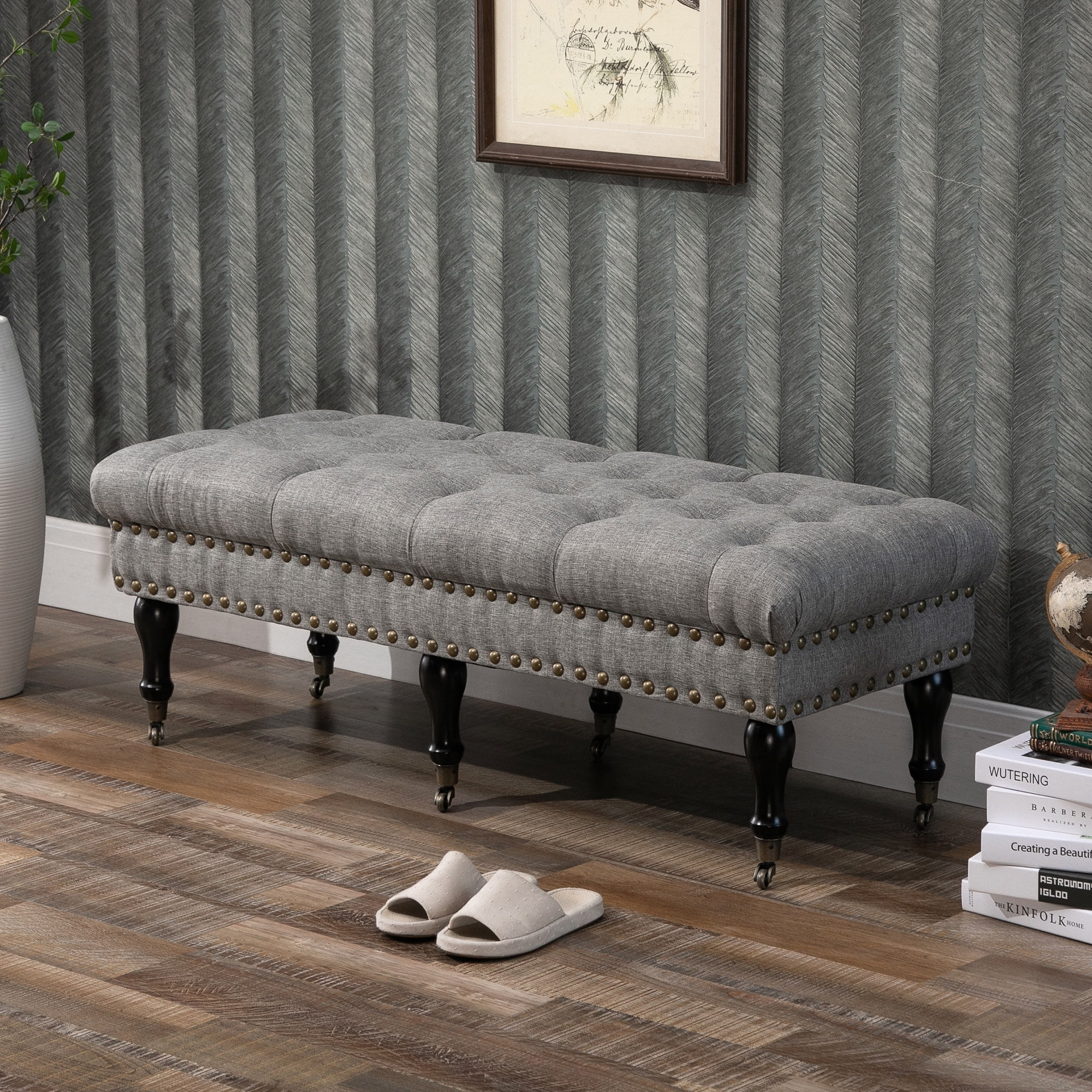 HOMCOM Mobile End of Bed Bench, Upholstered Bedroom Entryway Bench with ...