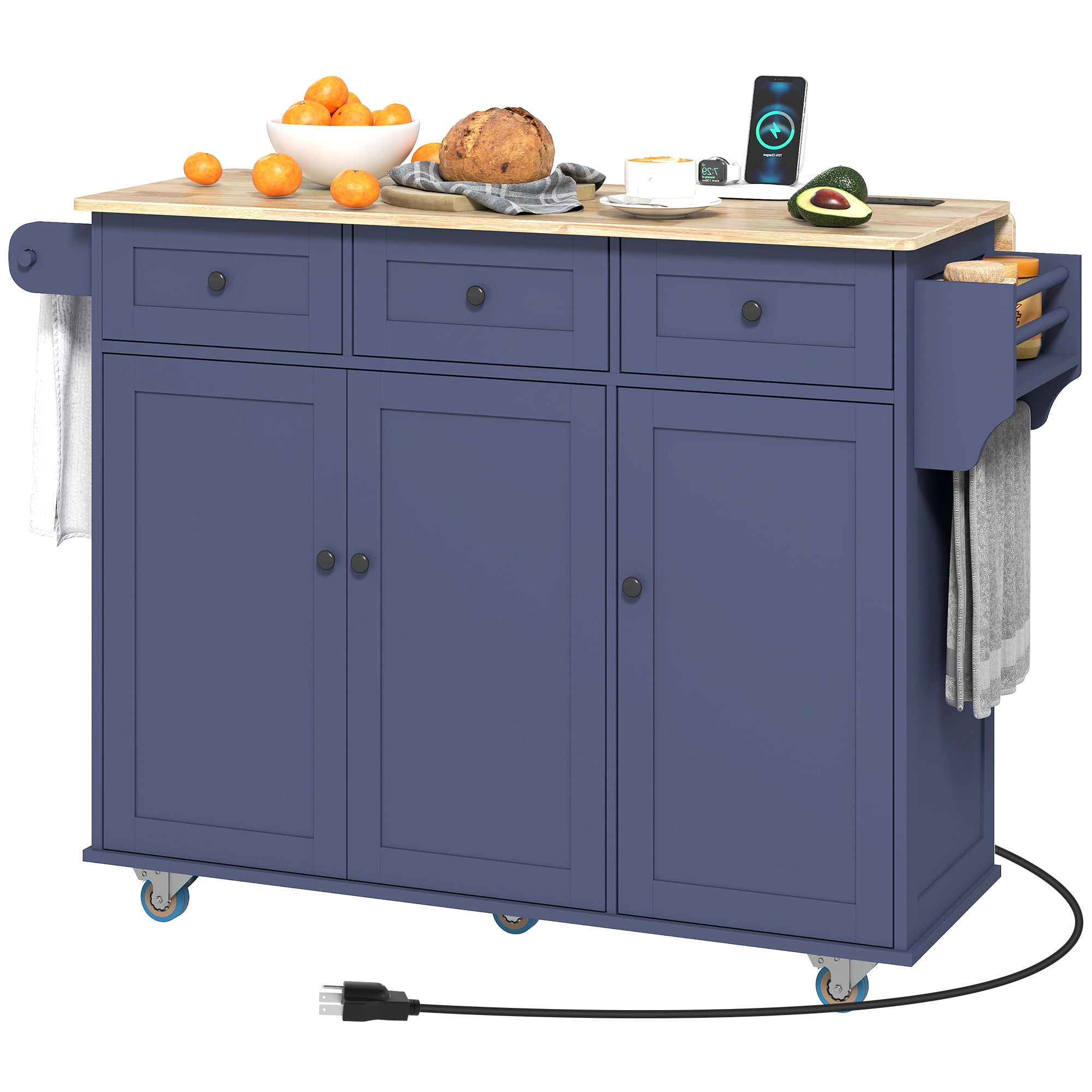 HOMCOM Mobile Kitchen Island with Power Outlet Drop Leaf Kitchen Cart ...