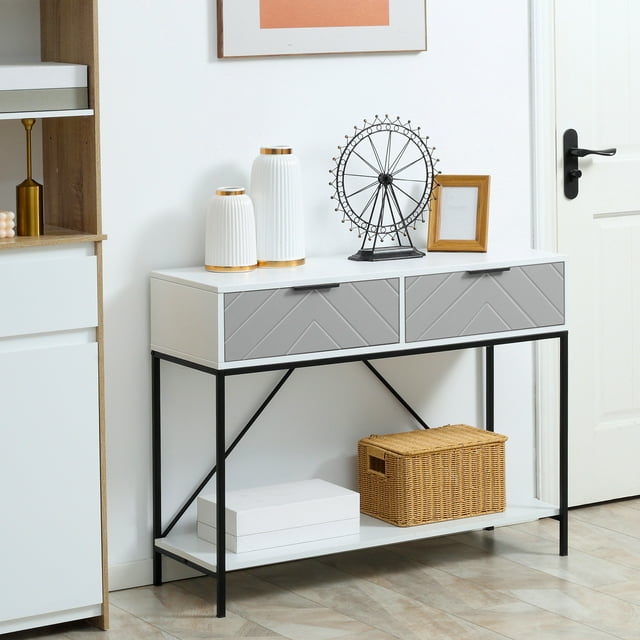 HOMCOM Modern Entryway Console Table with Long Storage, 2 Drawers ...