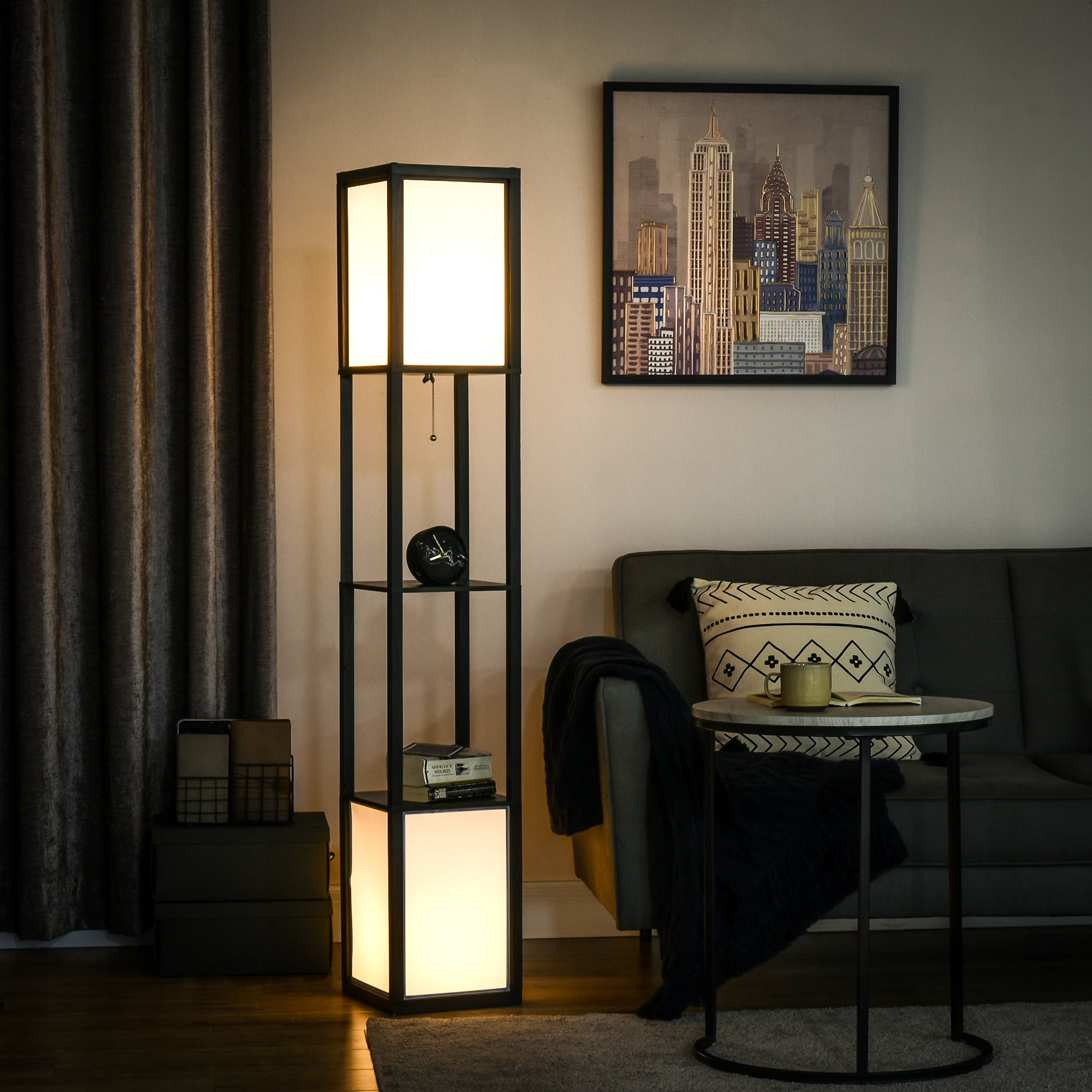 HOMCOM Floor Lamp with Shelves, Dual Light, Black, Tall Corner Storage ...