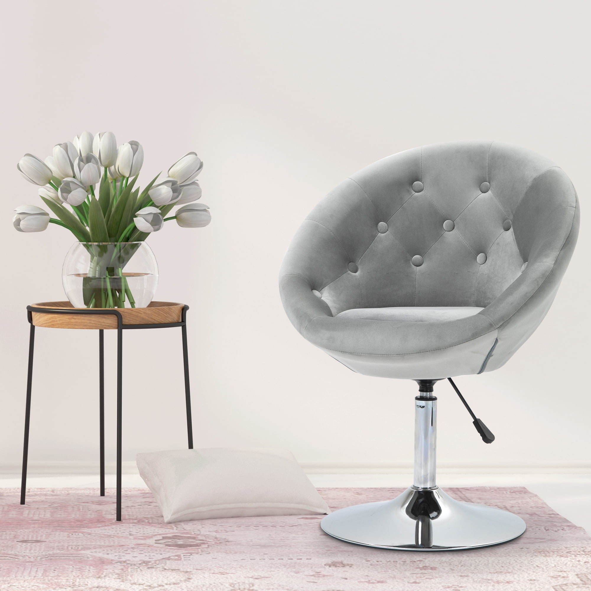 HOMCOM Vanity Chair, Round Tufted Swivel, Adjustable, Chrome Frame ...
