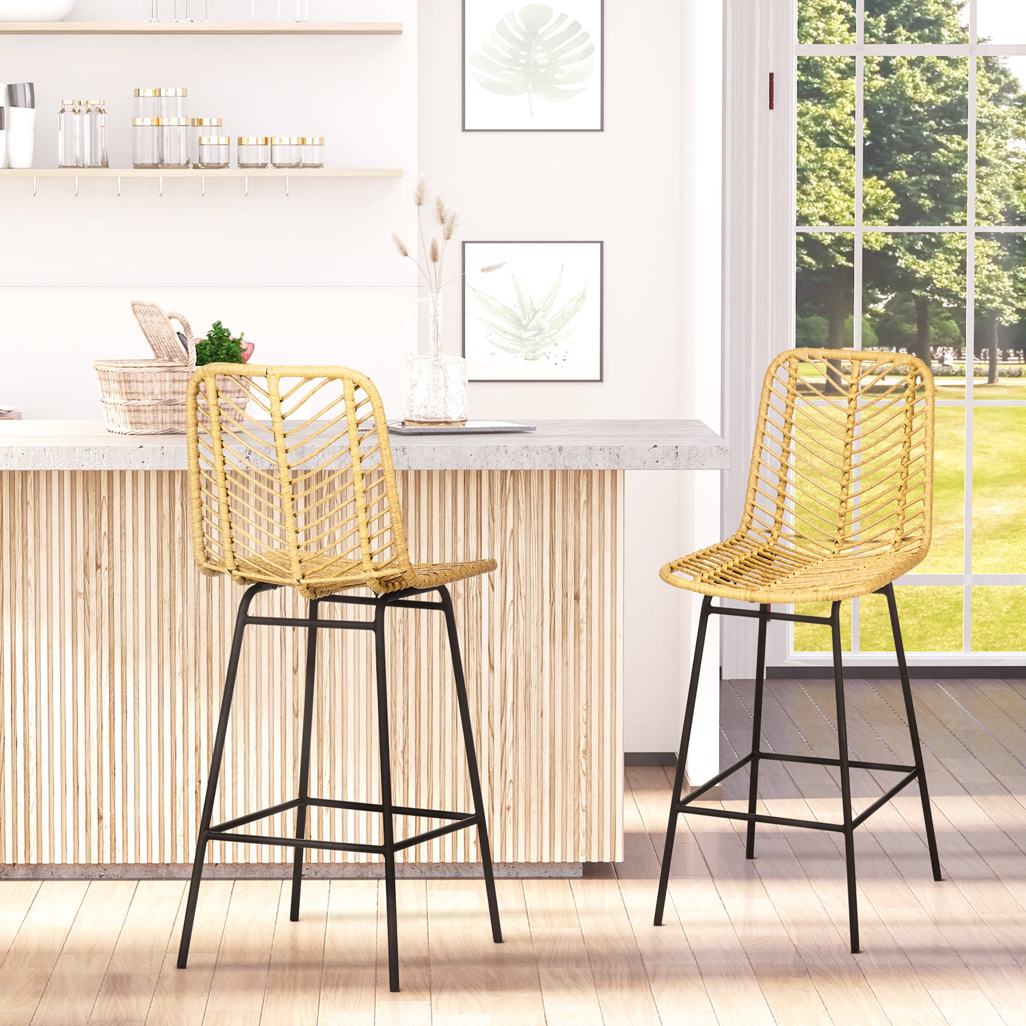 HOMCOM Modern Rattan Indoor Counter Bar Stools Set of 4 for Kitchen ...